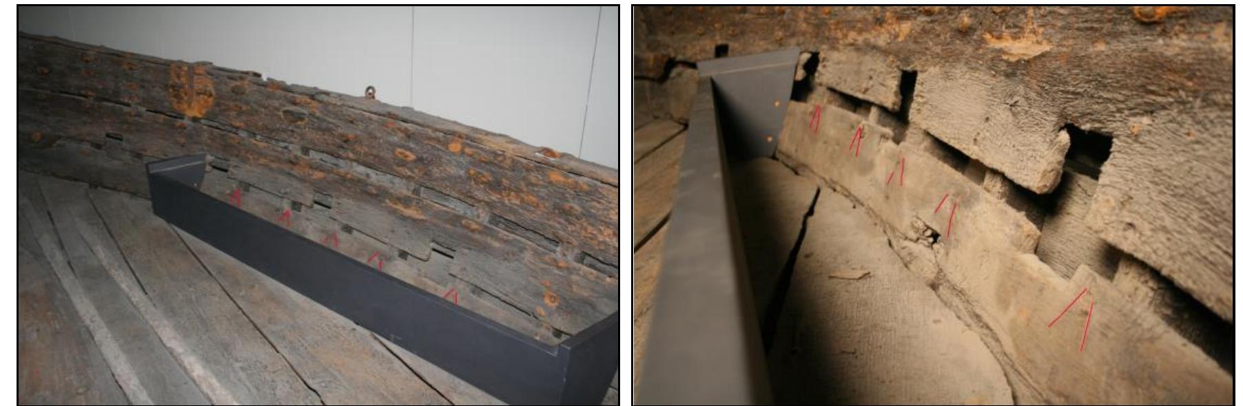 The port spiling marks highlighted in red. note the