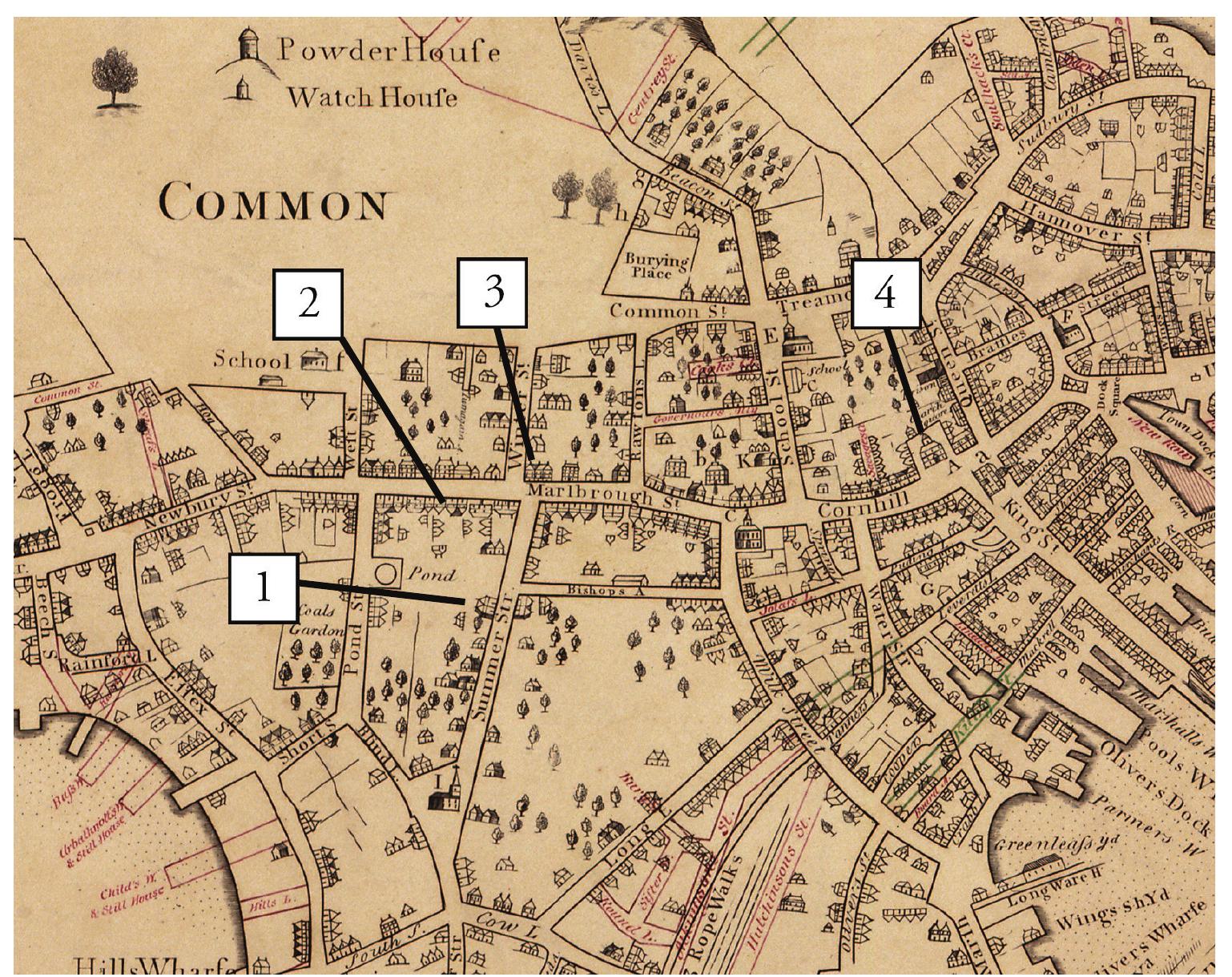 This 1722 map and labels show the neighborhood in the south