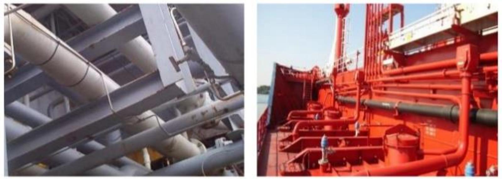 Example of several types of pipe support of ship