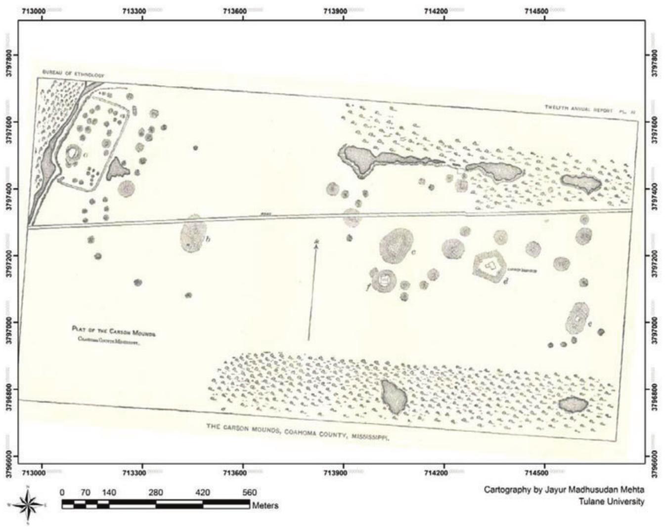 |. georectified historic map of the carson mounds site in