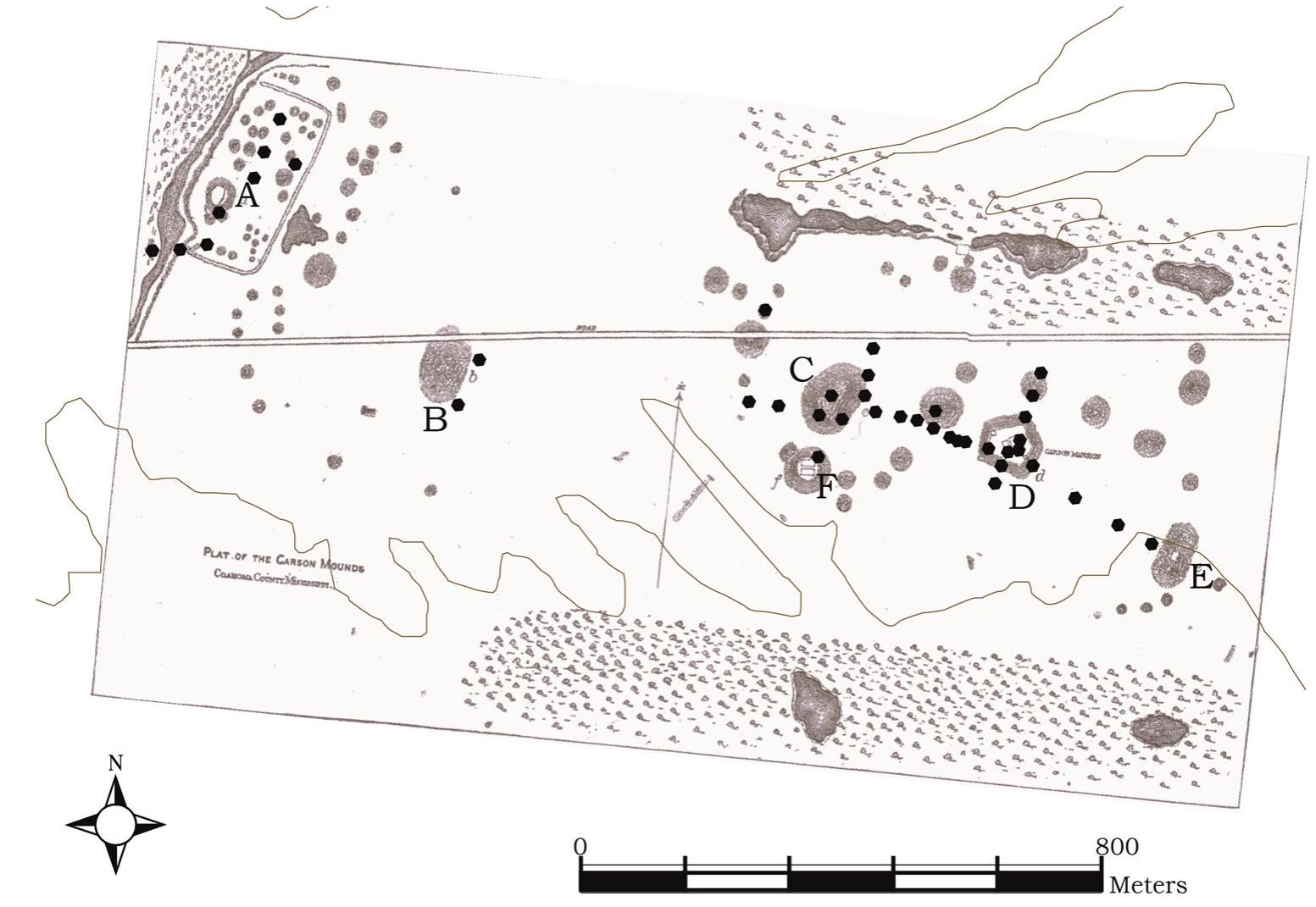 Georectified historic map of the carson mounds site in utm