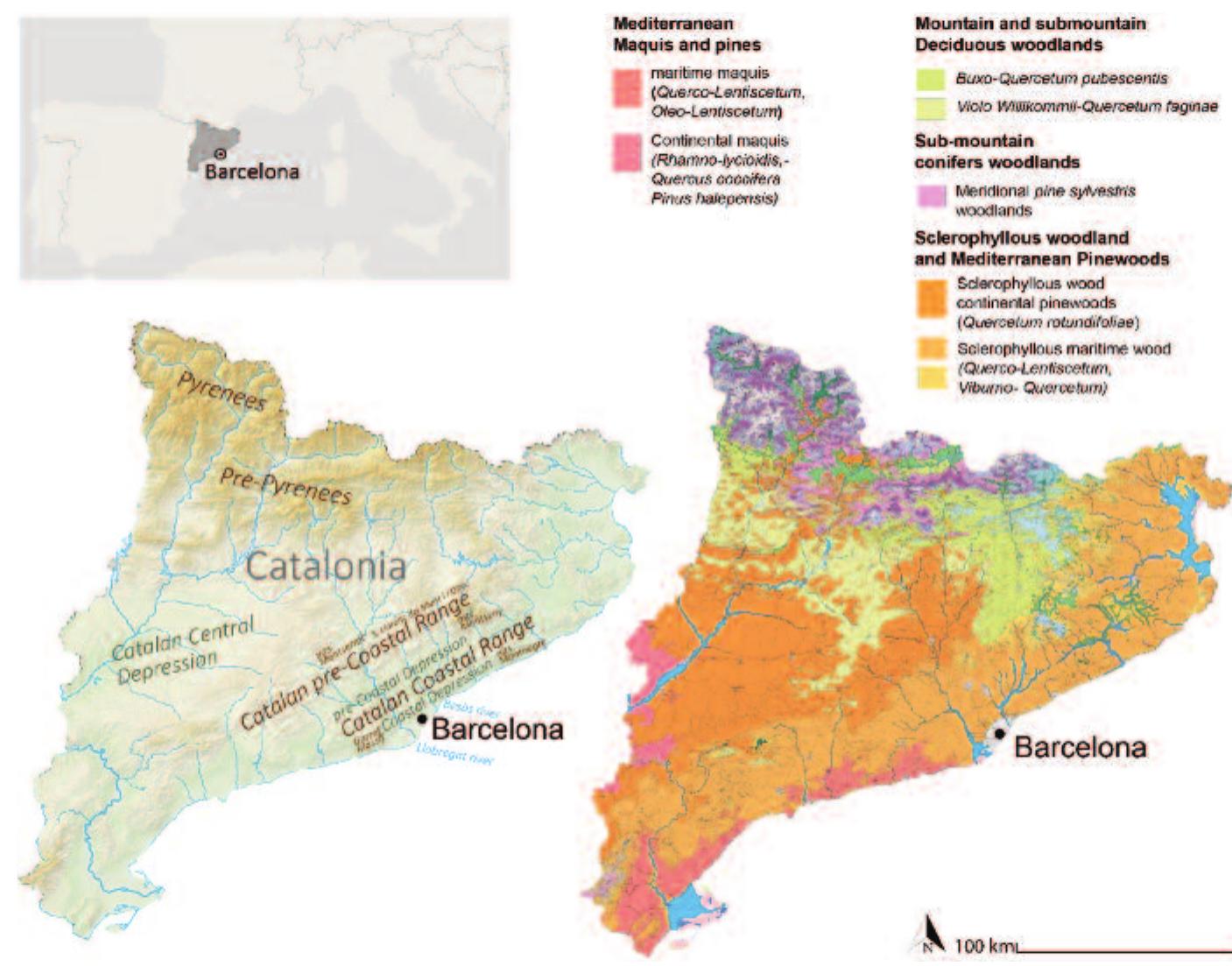 Thematic maps of catalonia. on the left, physical map with