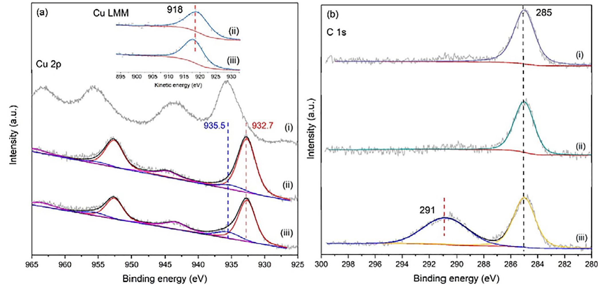 Xps profiles of (a) cu 2p and (b) c 1 s of 10 wt% cu/sio2-ae