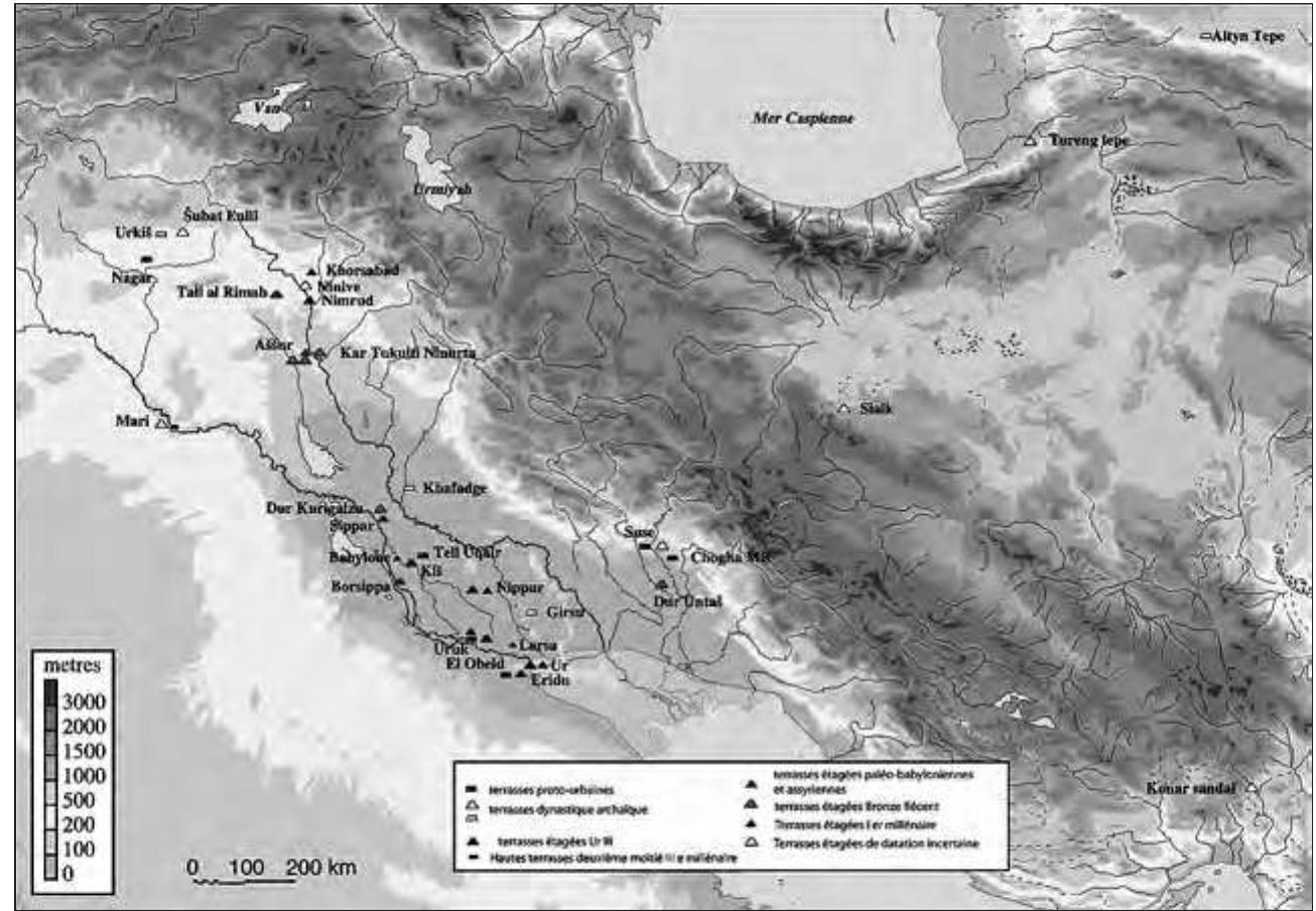 Distribution map of known ziggurats and high terraces