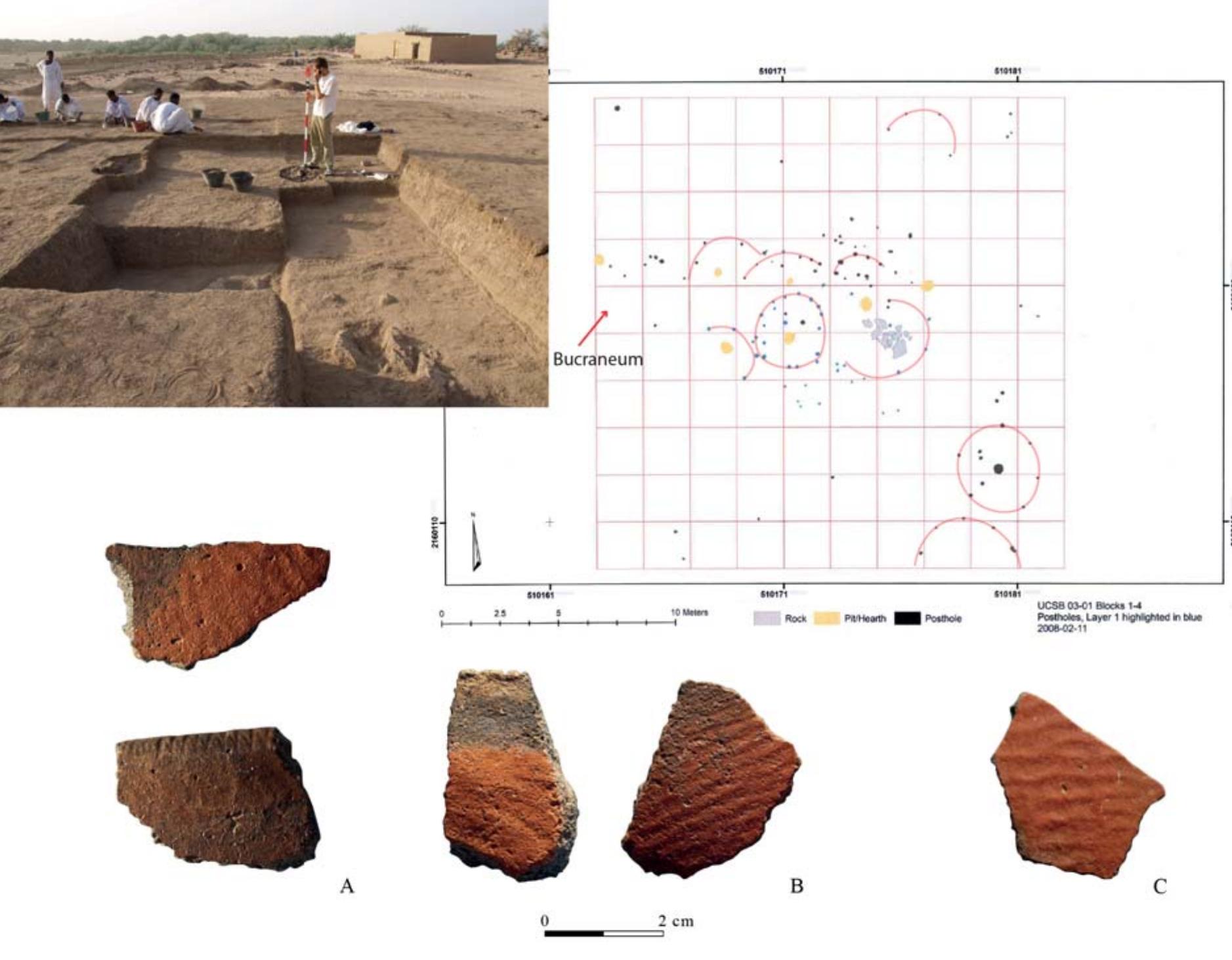 Remains of post structures and hearths in the neolithic