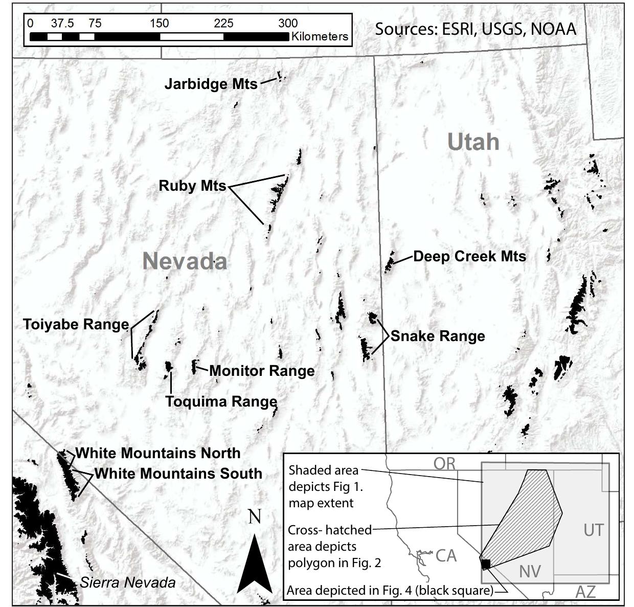 Map of the great basin showing elevations greater than 3000