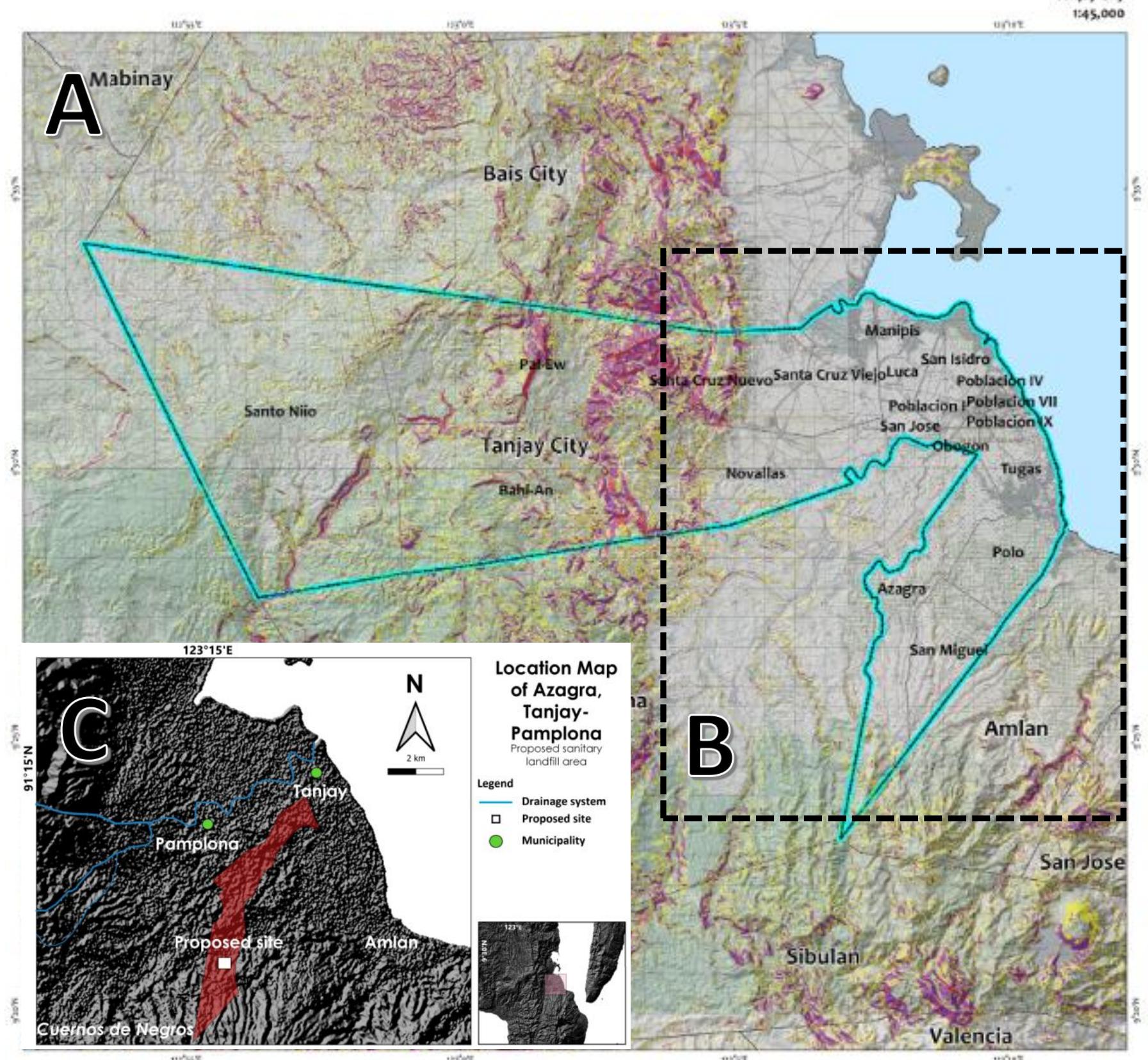 (a) municipality map of tanjay-pamplona-amlan, (b) inset map