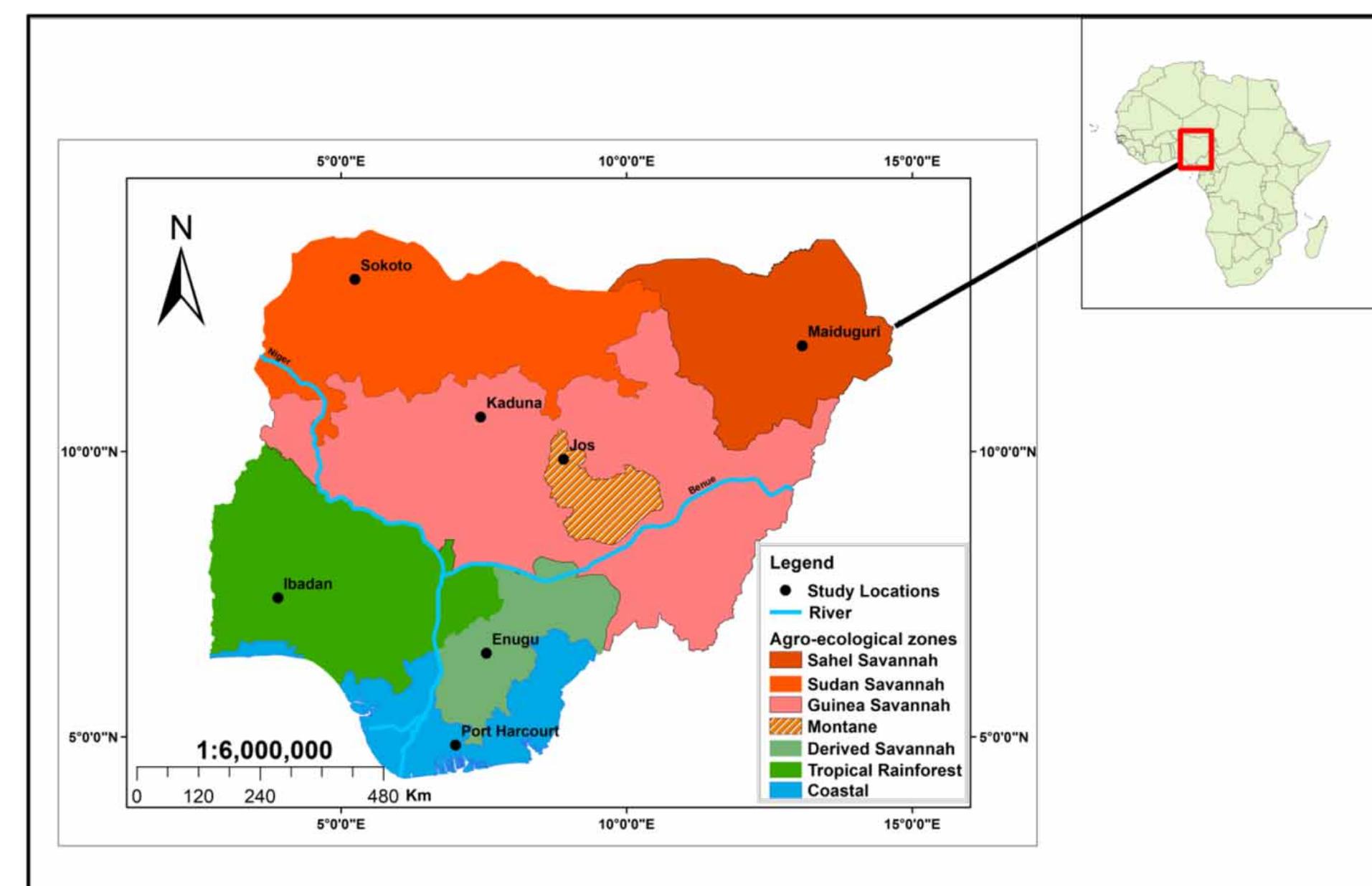 | study locations showing the agro-ecological zones in