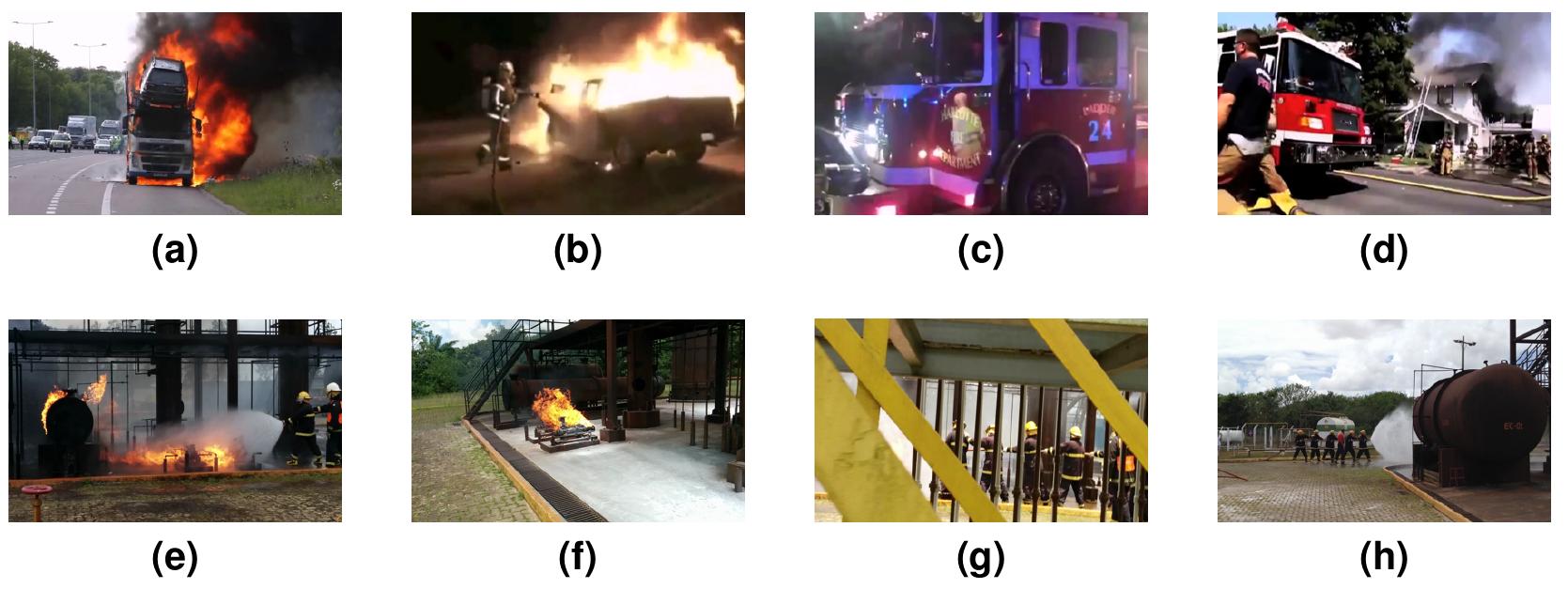 Sample frames from the video dataset: (a-b) fire segment,