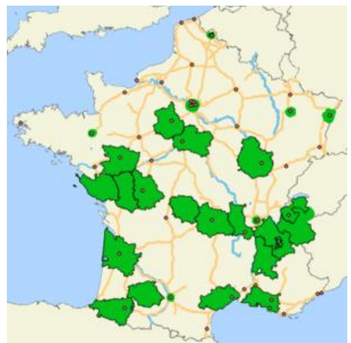 Map of france with various permanent and temporary lezs: