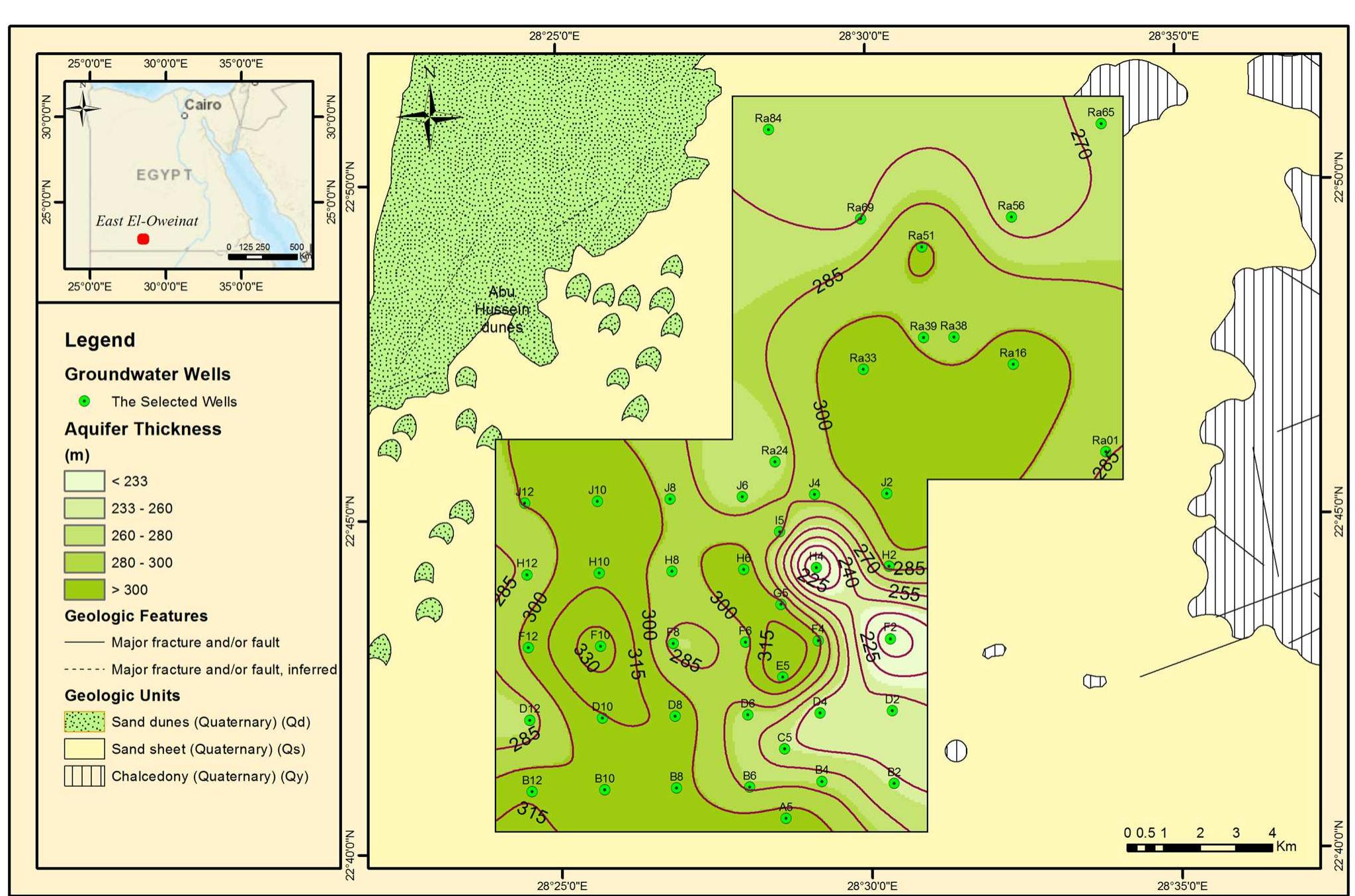 Isocontour map showing the aquifer thickness in the study