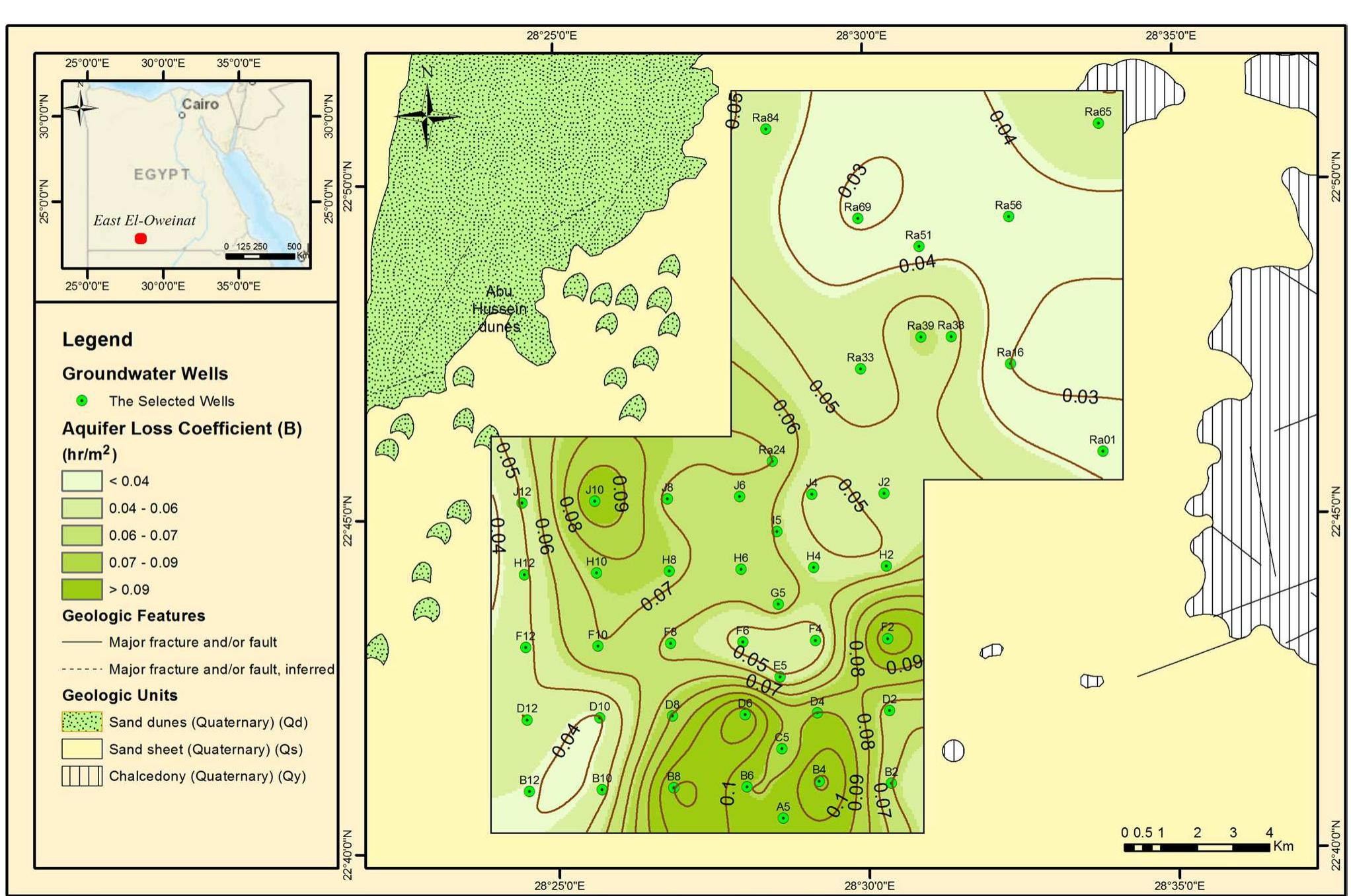 Isocontour map showing the aquifer loss coefficient (b) in