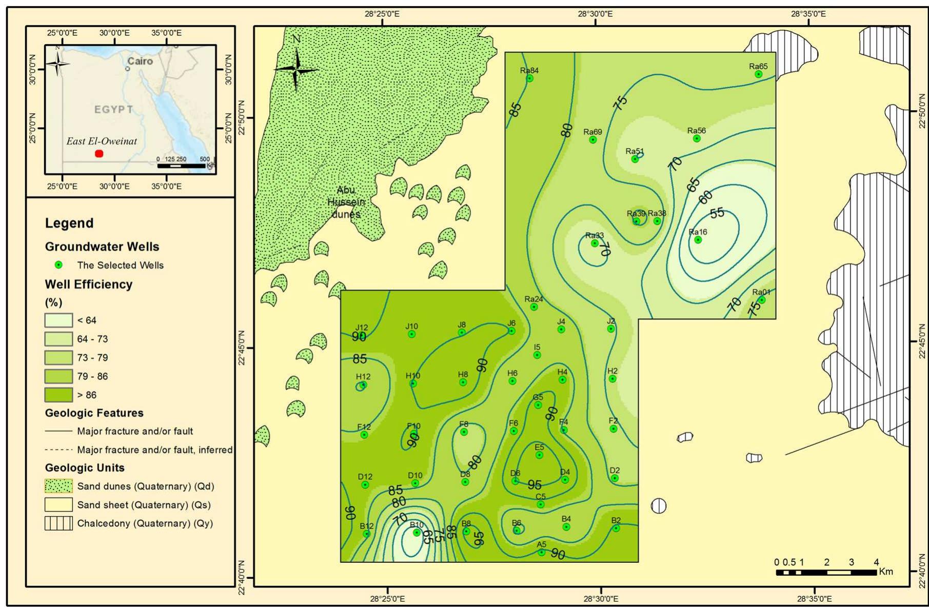 Isocontour map showing the well efficiency of the studied