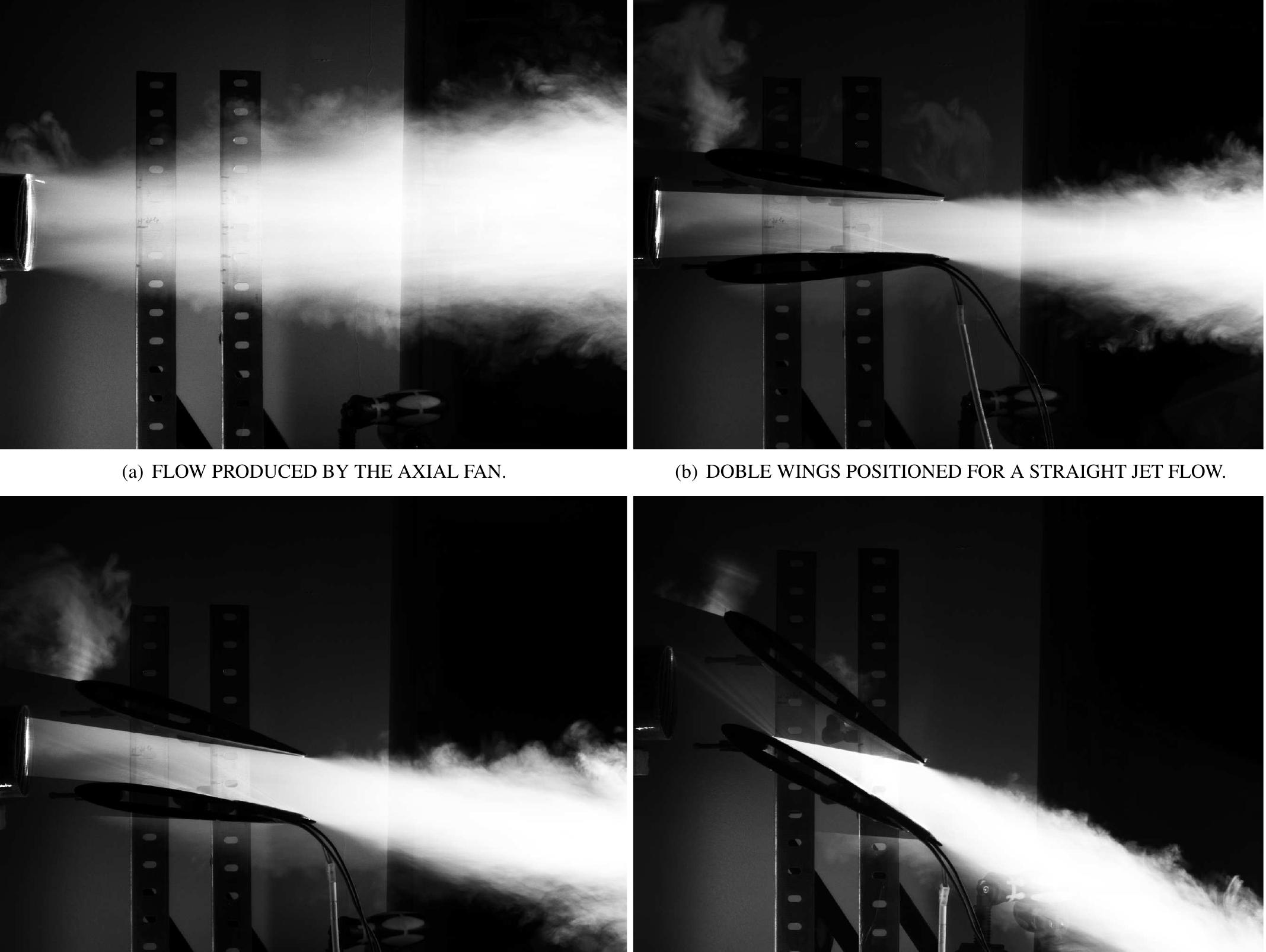 (c) double wings positioned for a jet flow deflection of (d)