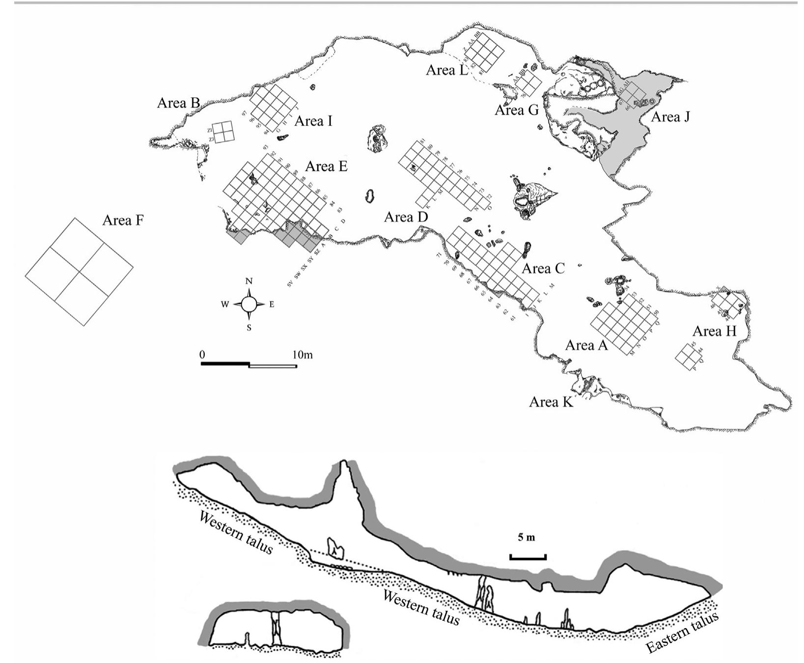 Manot cave general plan and cross sections, with the