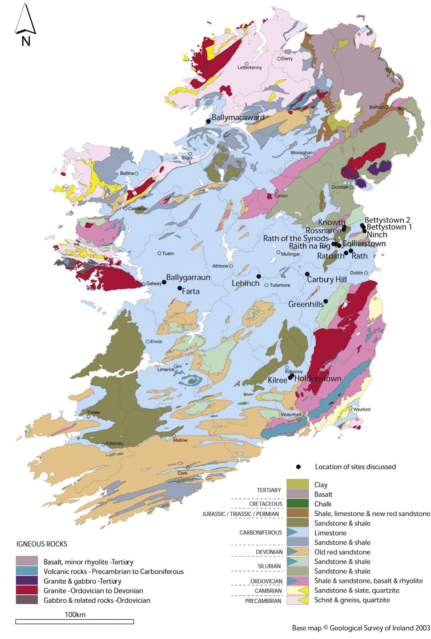 Geological map of ireland showing the locations of sites