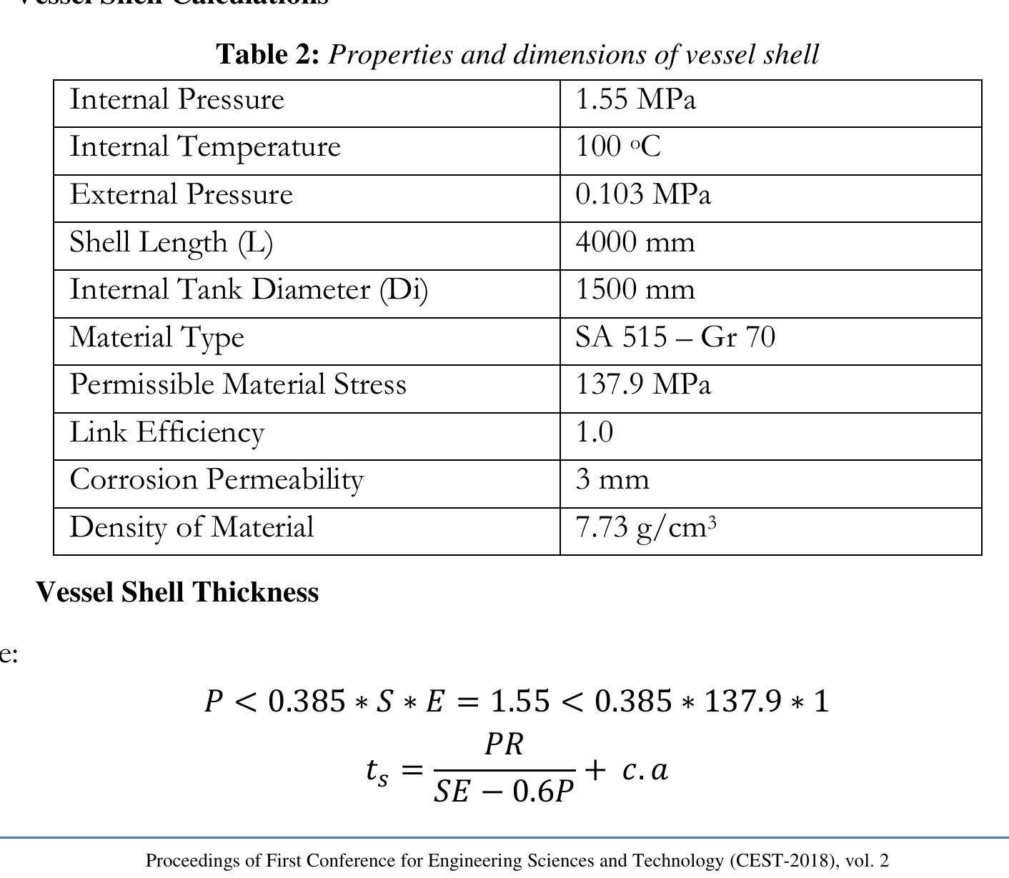 Table 2 - Design of Vertical Pressure Vessel Using ASME