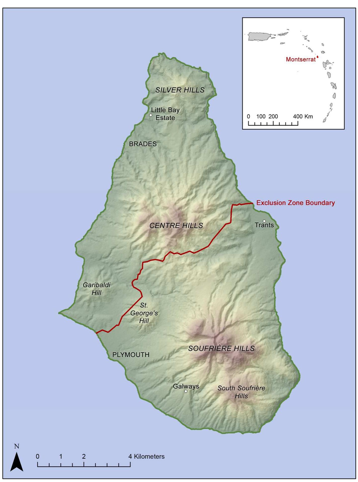 Topographic map of montserrat showing significant geographic