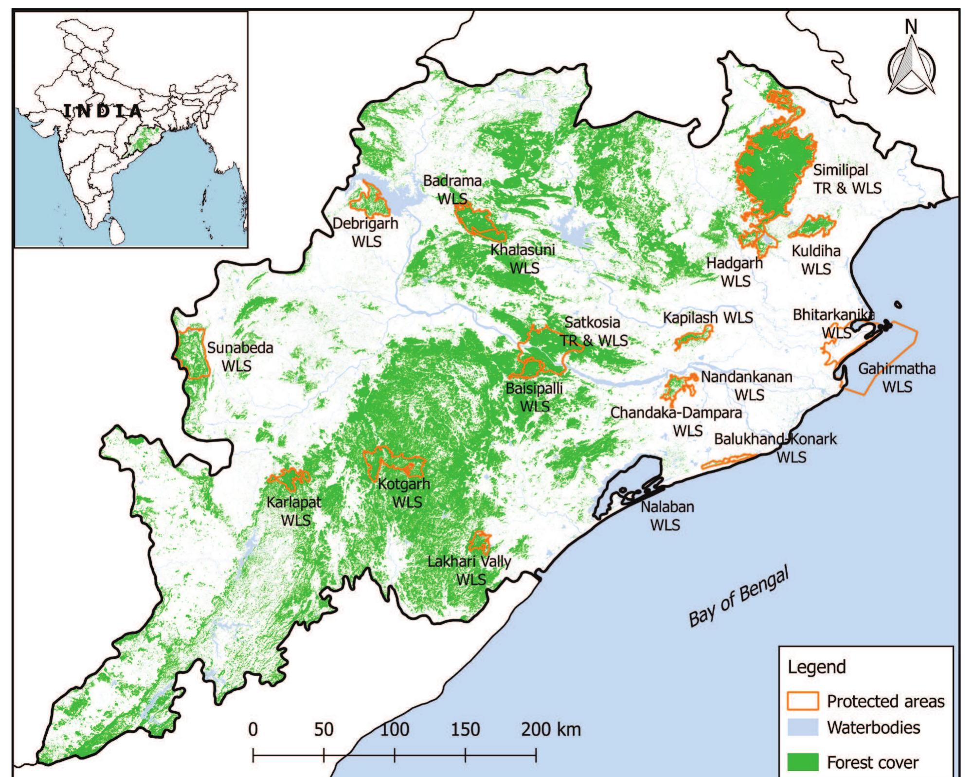 Map of odisha showing the political boundary, forest cover