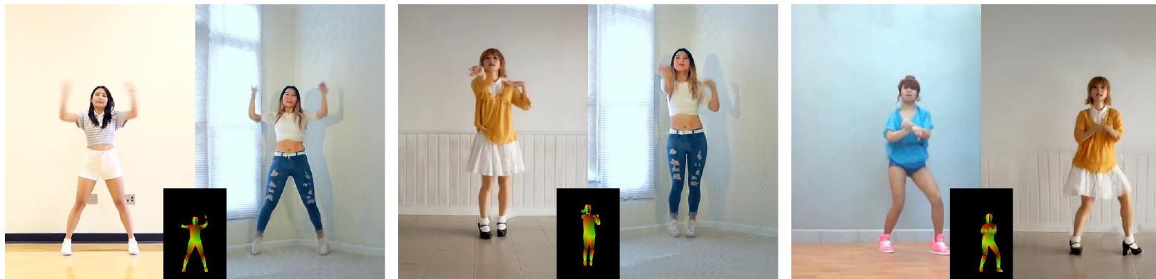 Example dance—>pose—-dance results. each set shows the