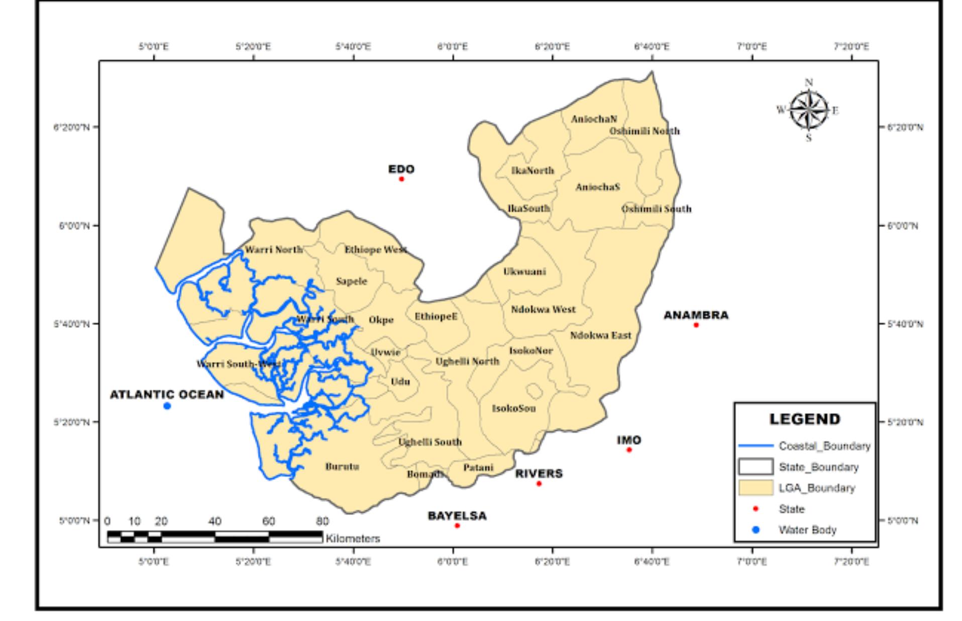 Map of delta state nigeria, nigeria. produced using arcgis