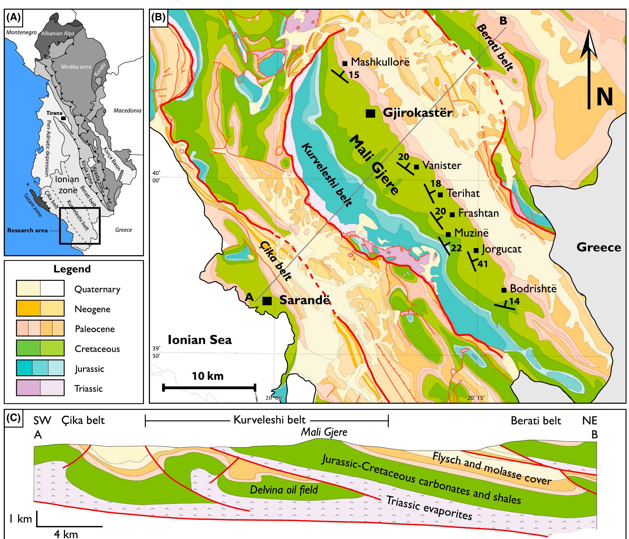 (a) a map showing the main structural units of albania