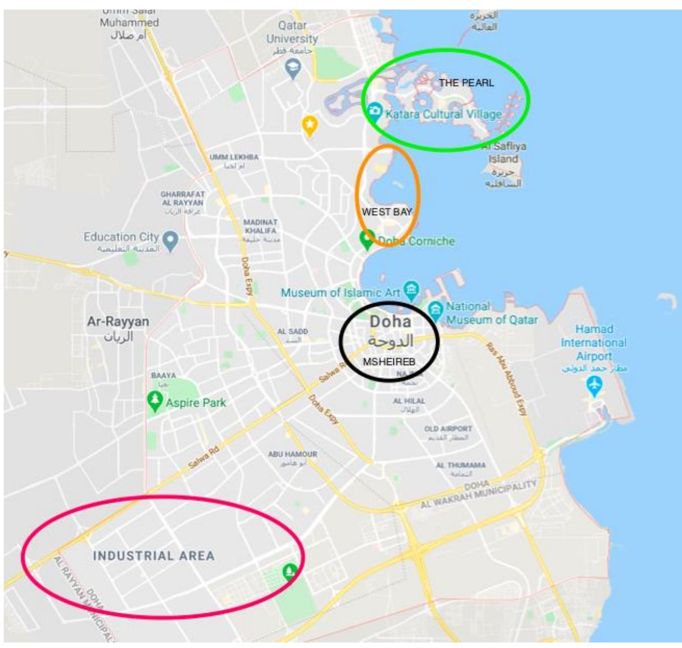 Map of doha; encircled districts: the industrial area,