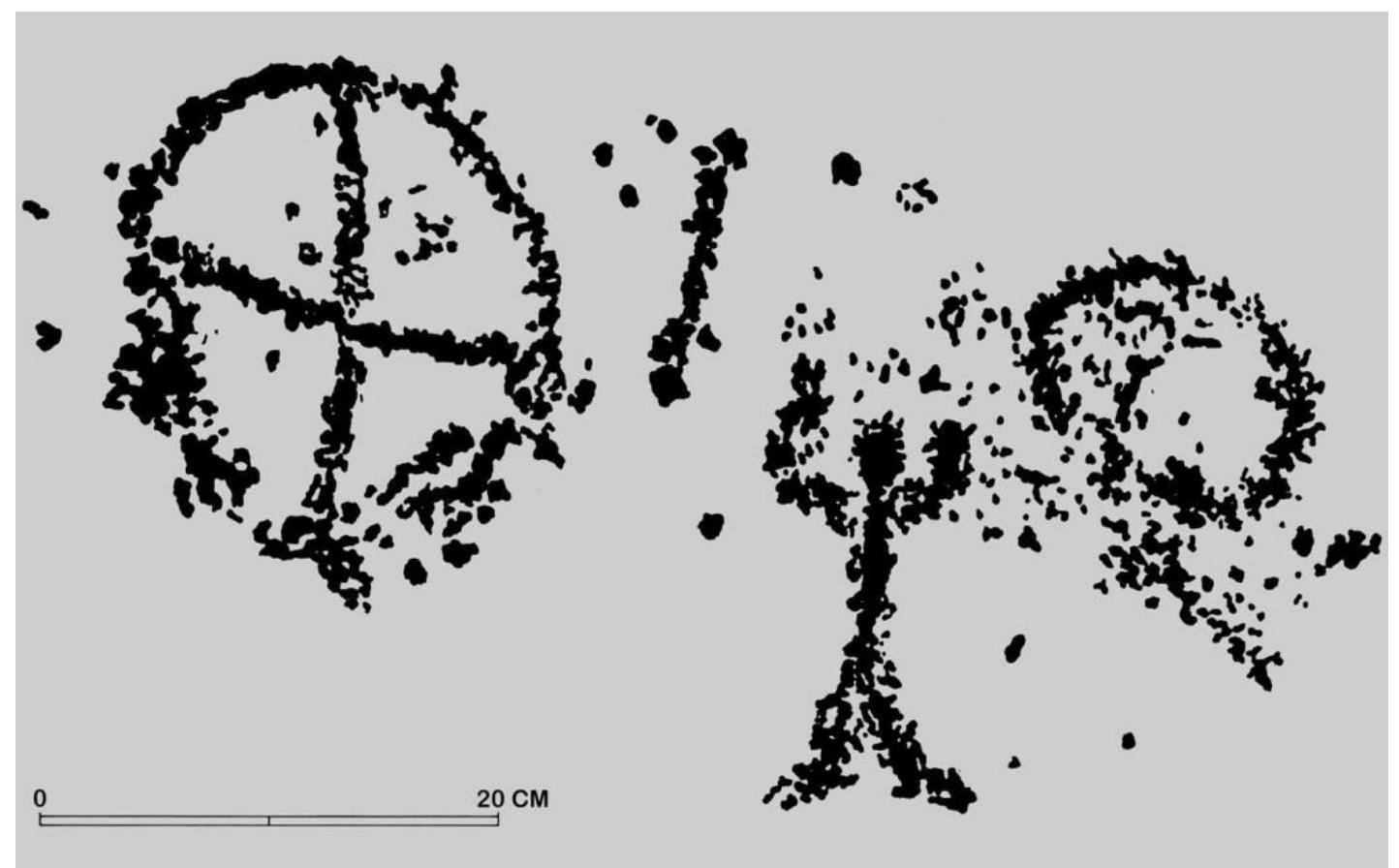 Schematic anthropomorphic prayer and solar symbols. luine,