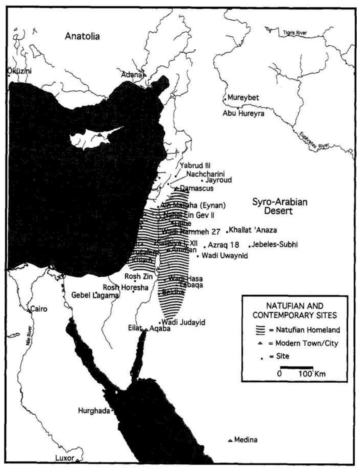 Map indicates location of natufian sites in the levant. the