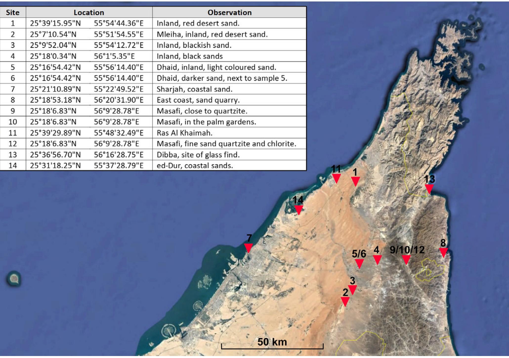 A map of the uae (google earth) showing the location of the