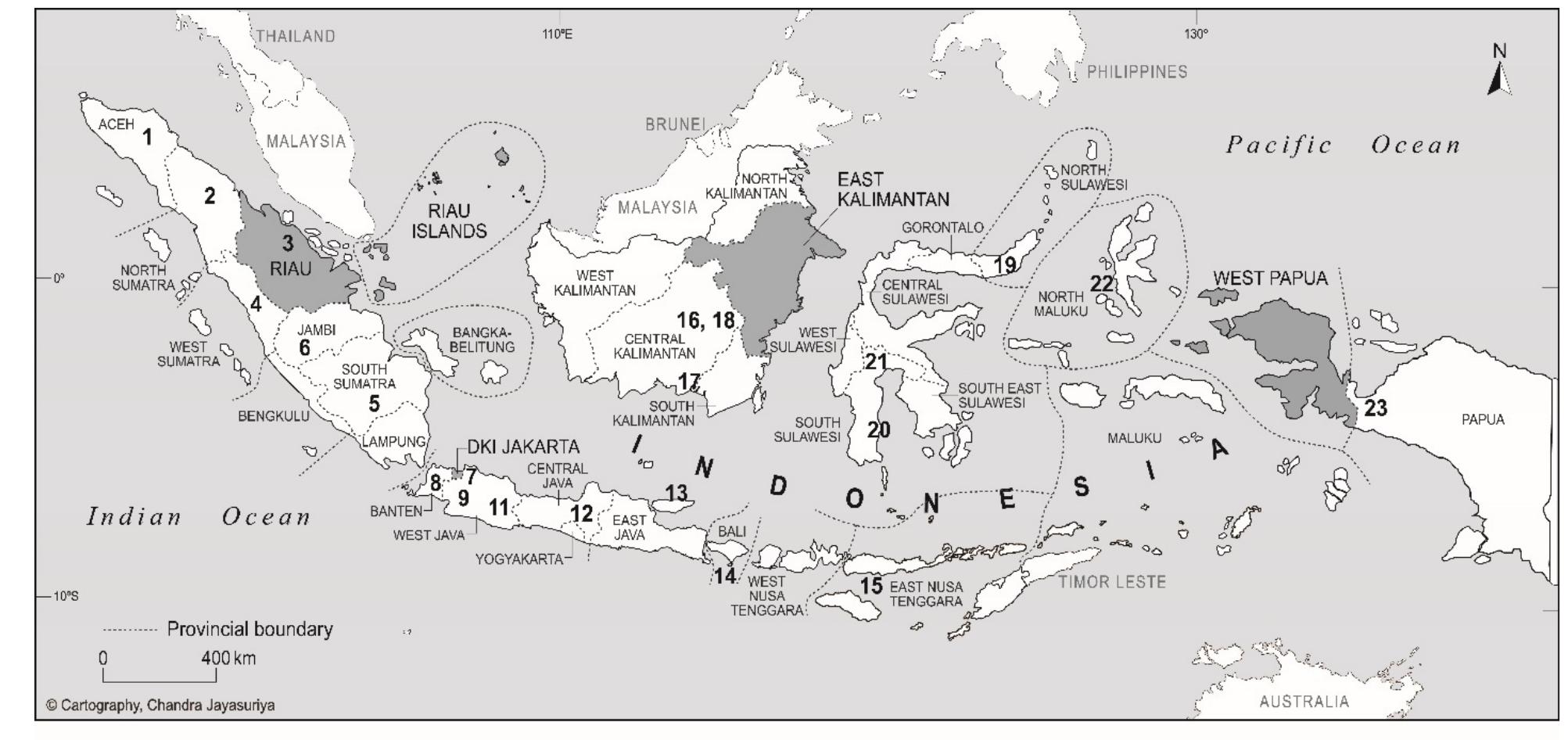 Note: the map outlines the 34 provinces in indonesia as of