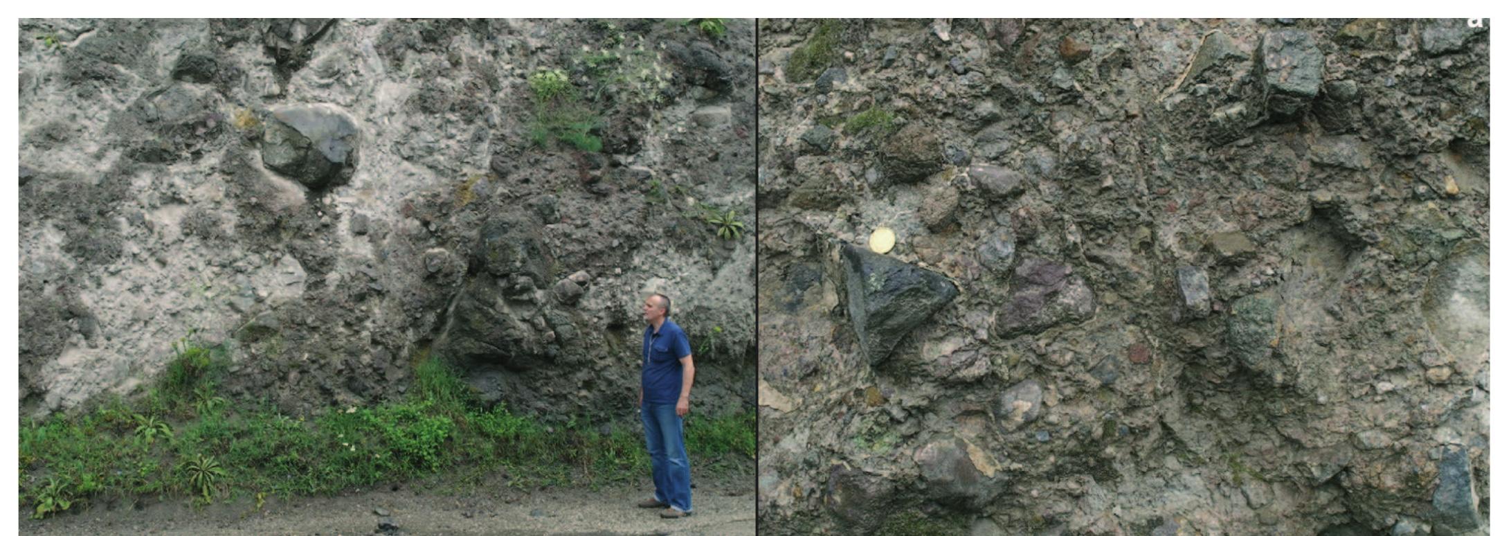Outcrop of andesite volcanic breccia and a detail (a) near