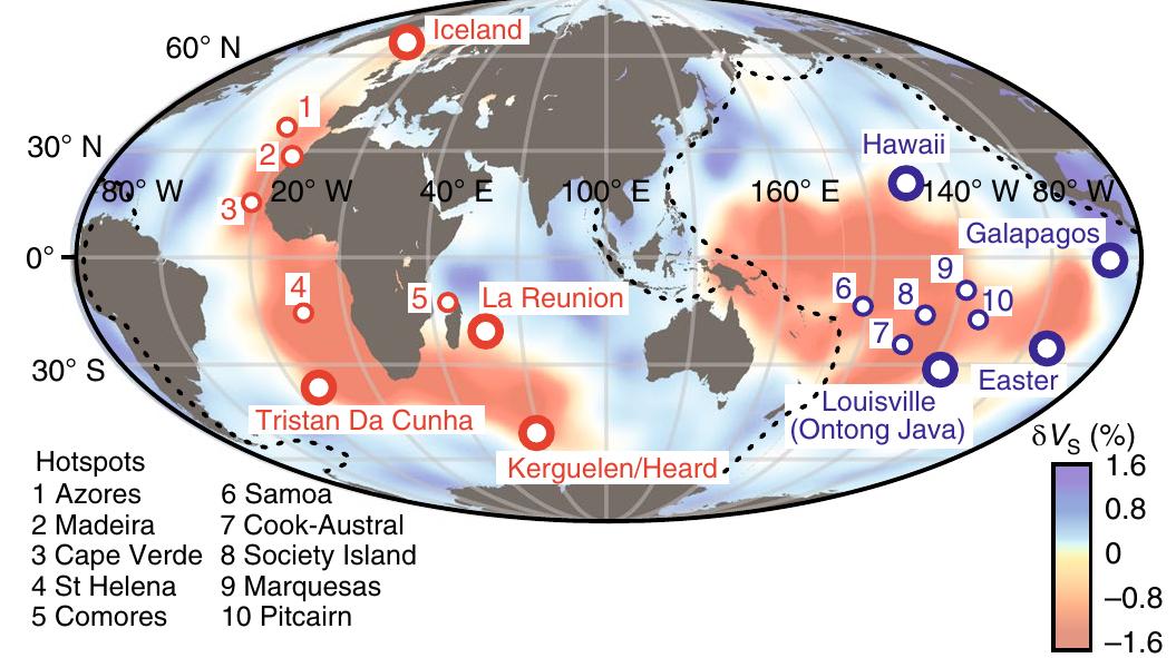 | global maps of the llsvps. seismic shear-wave velocity