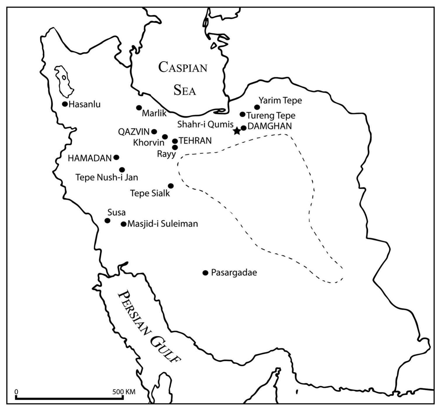 Map of iran, showing the location of shahr-i qumis, near