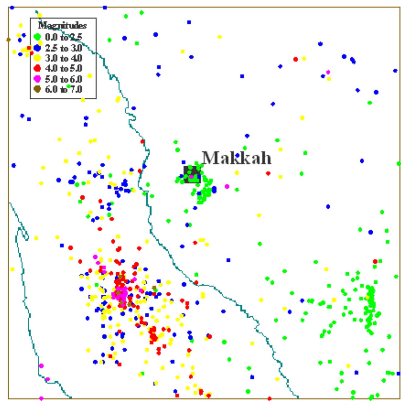 Seismicity map for the makkah region and its vicinity for