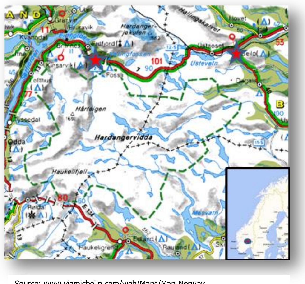 Map of eidfjord, geilo and hardangervidda