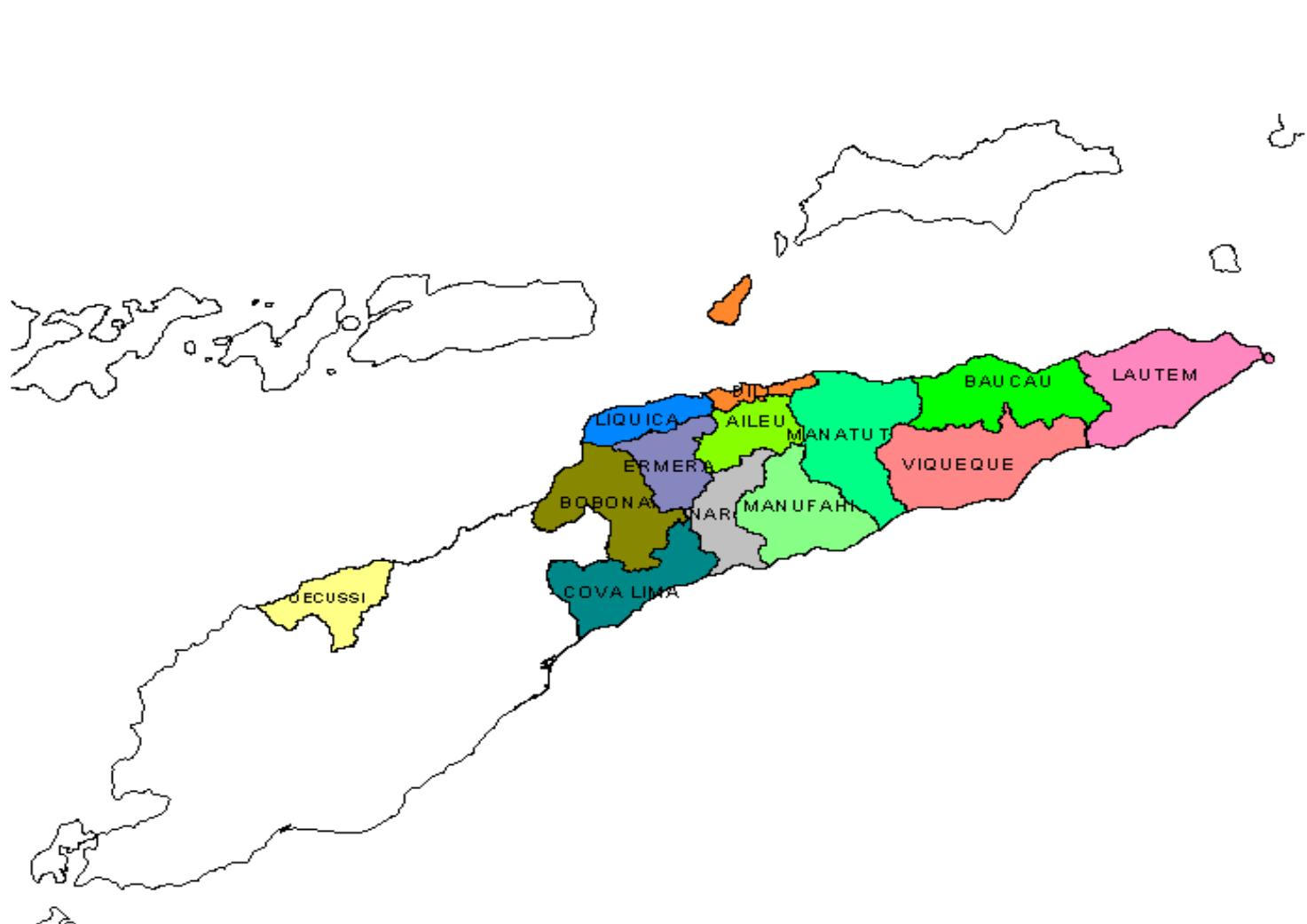 Map of timor-leste showing its 13 districts. white areas are