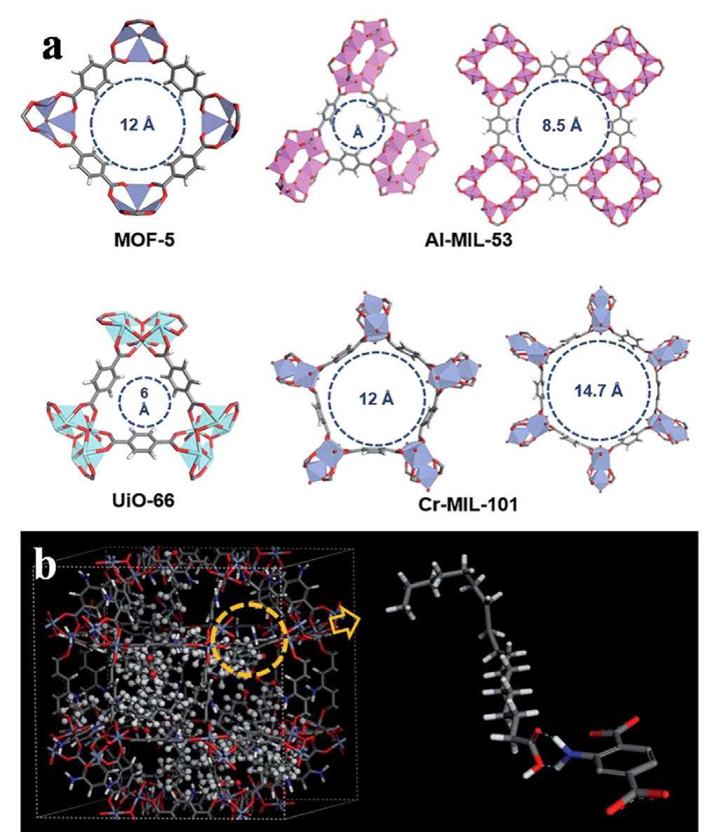 (a) mofs with different pore structure and pore size. (b)