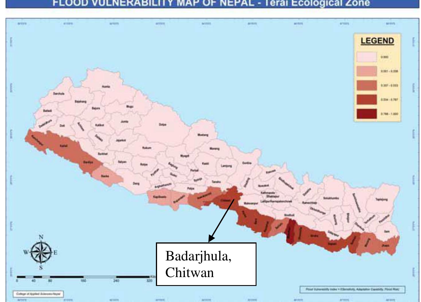 Map of nepal showing ‘districts ranking flood vulnerability’
