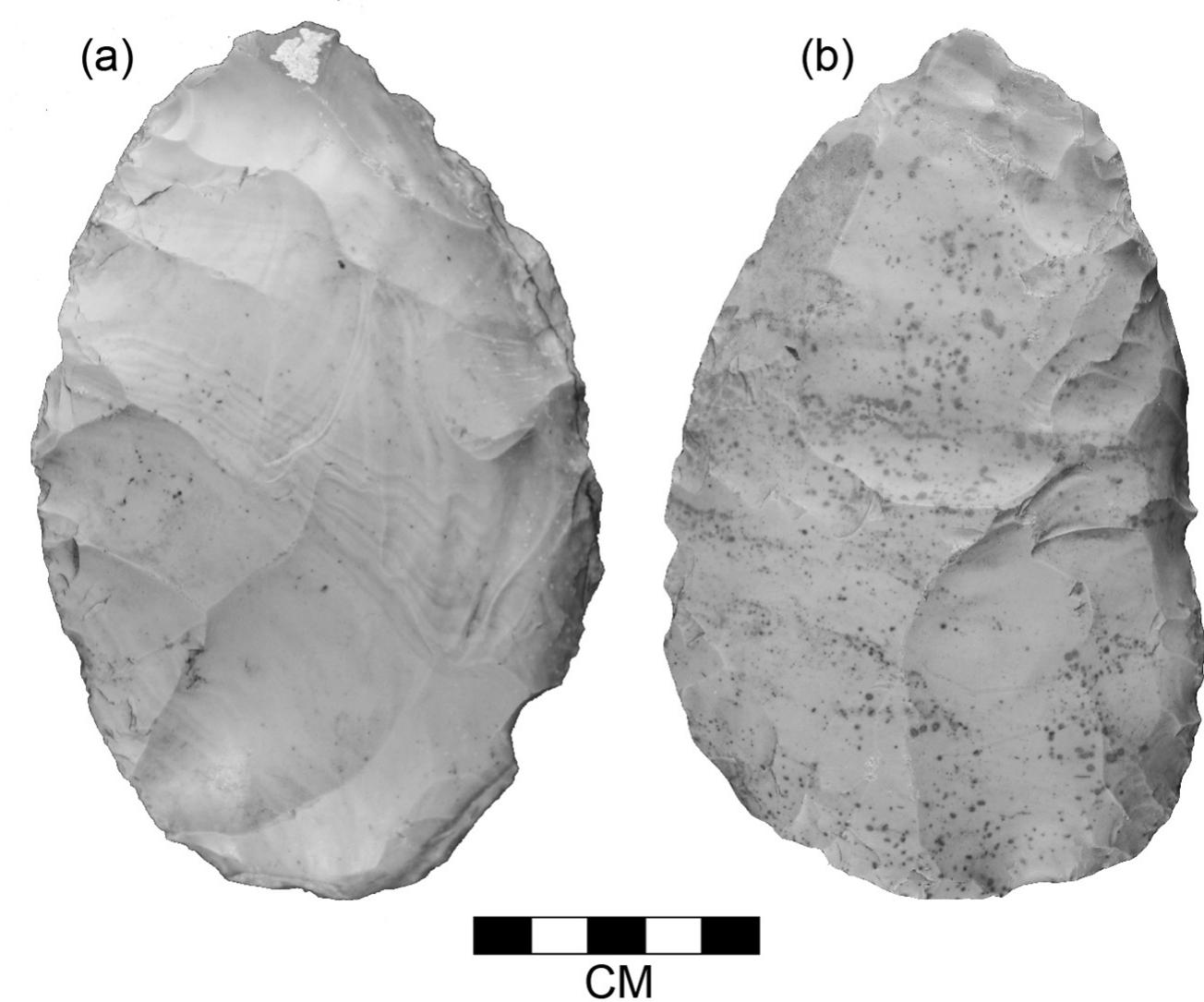 Two large leaf-shaped bifaces in the perry cache: (a) item