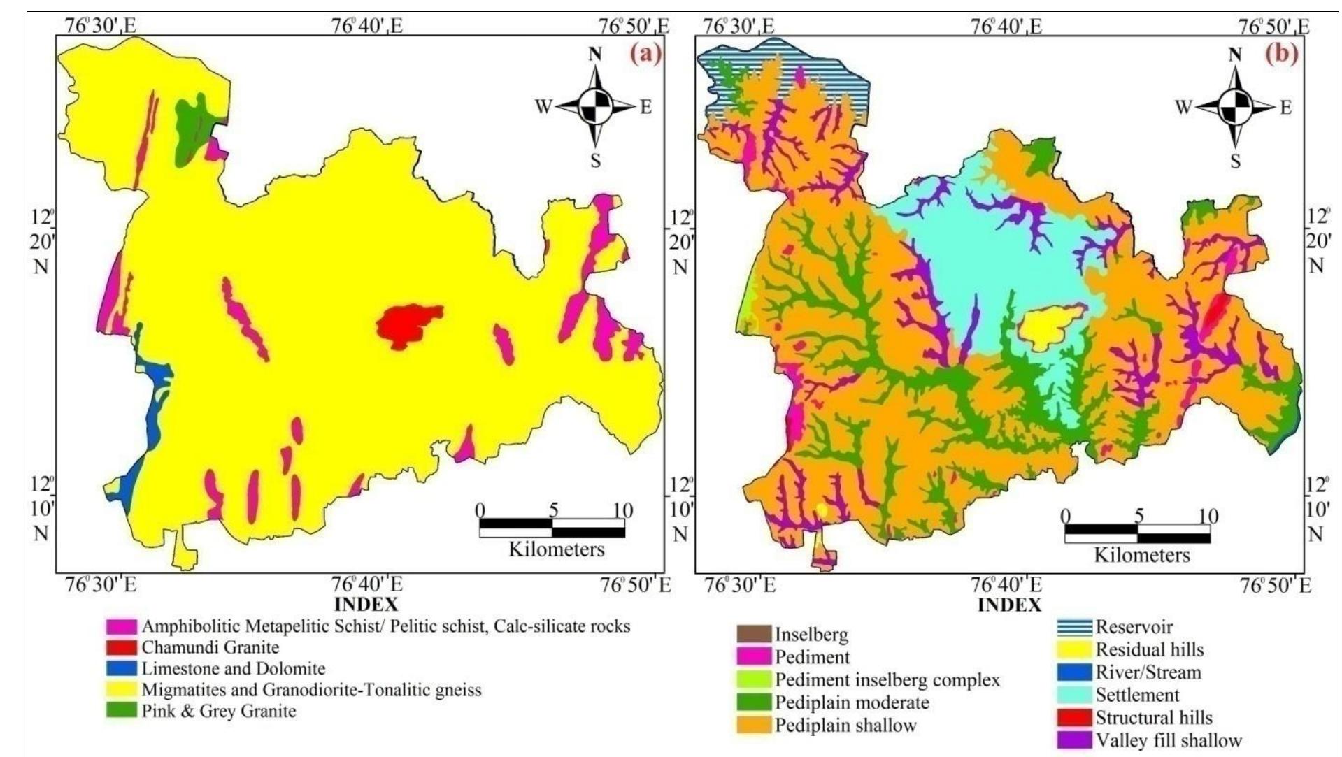 (a) geology map and (b) geomorphology map of mysuru taluk