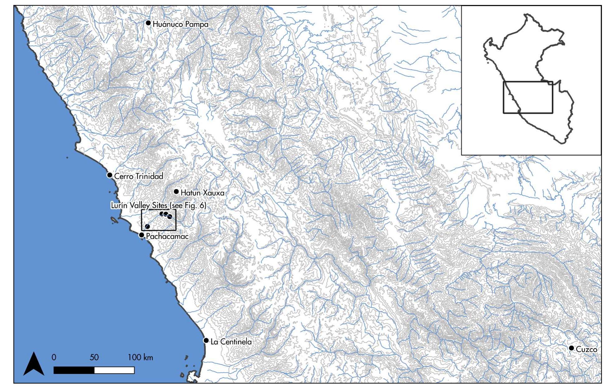 Map of peru with pachacamac and other sites mentioned in the