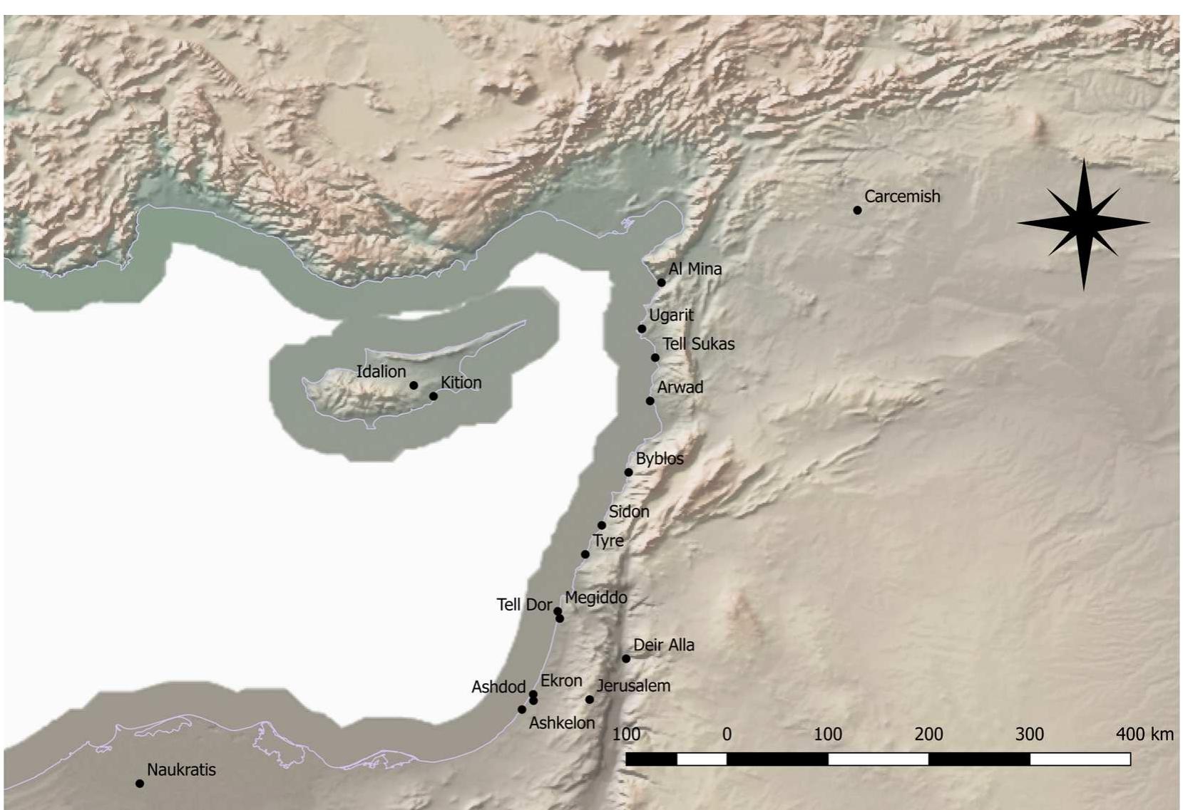 Map of the eastern mediterranean with sites mentioned in