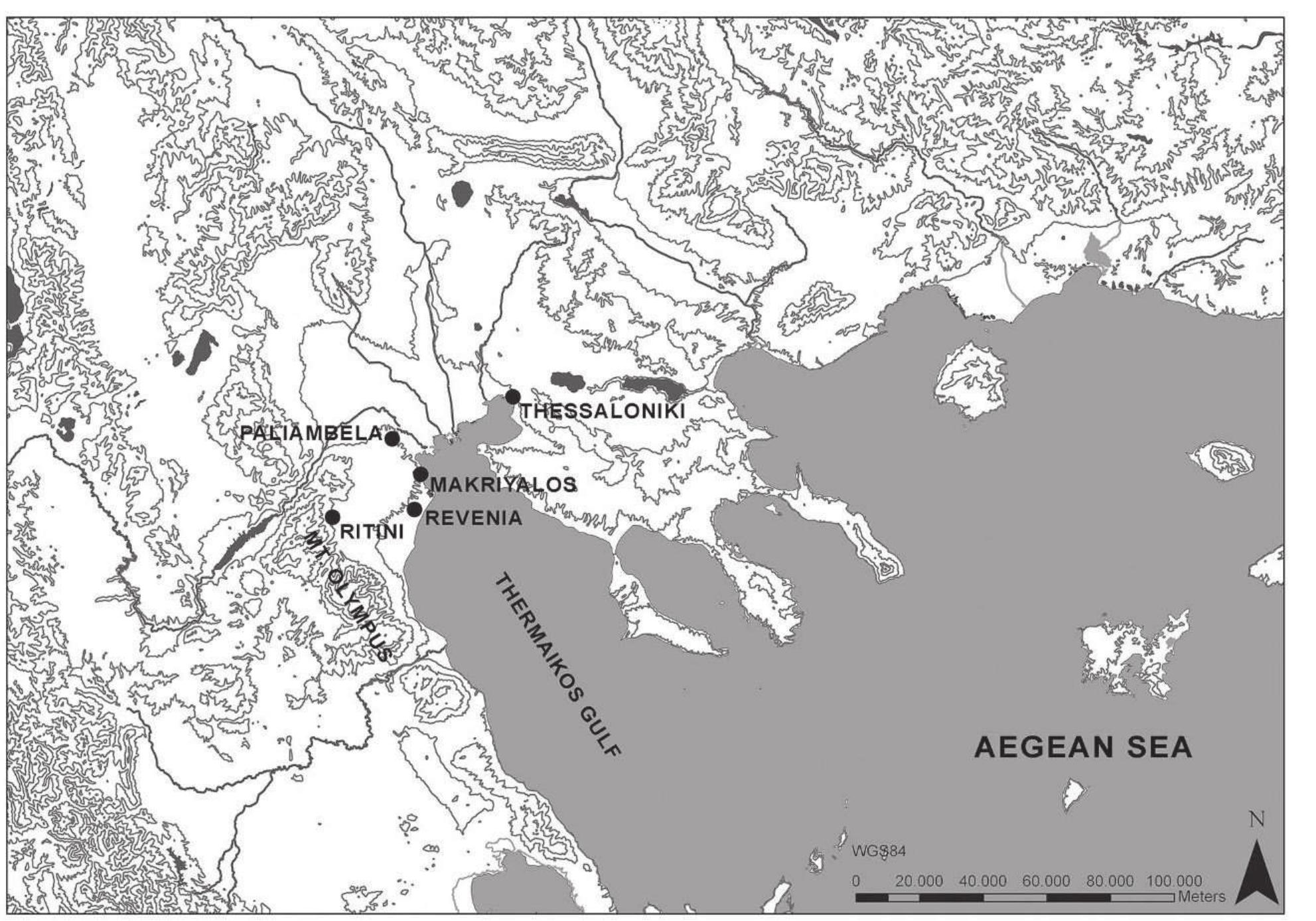 Map showing the location of the neolithic sites in pieria