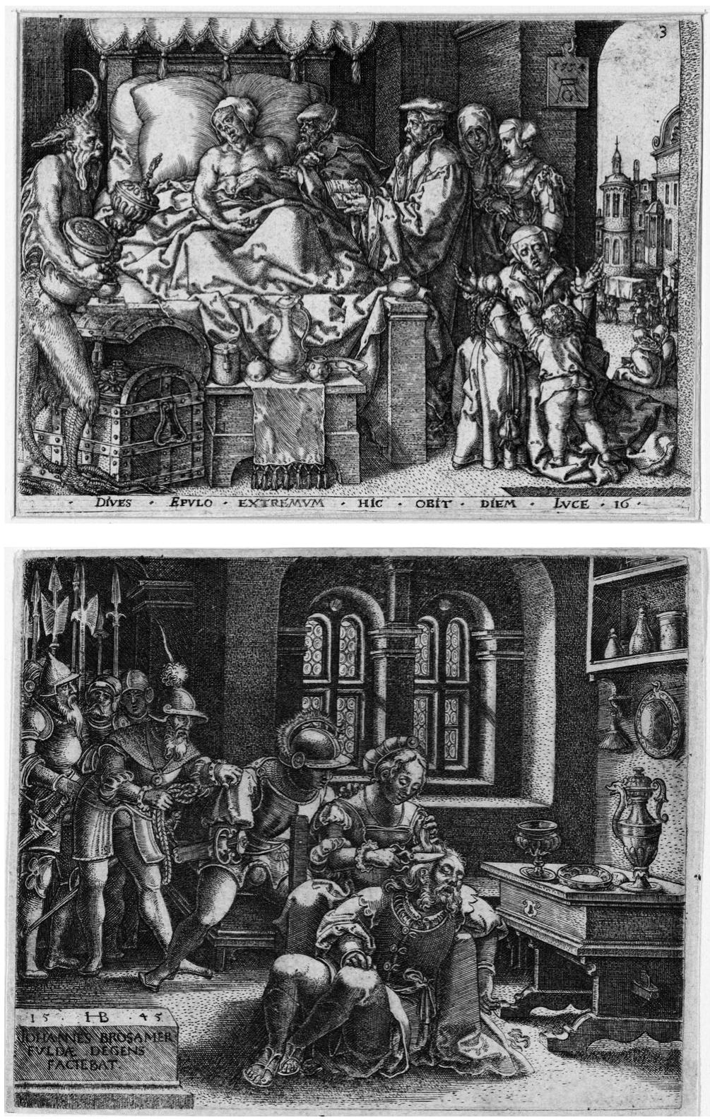 Bottom: hans brosamer. samson and delilah, 1545. engraving.