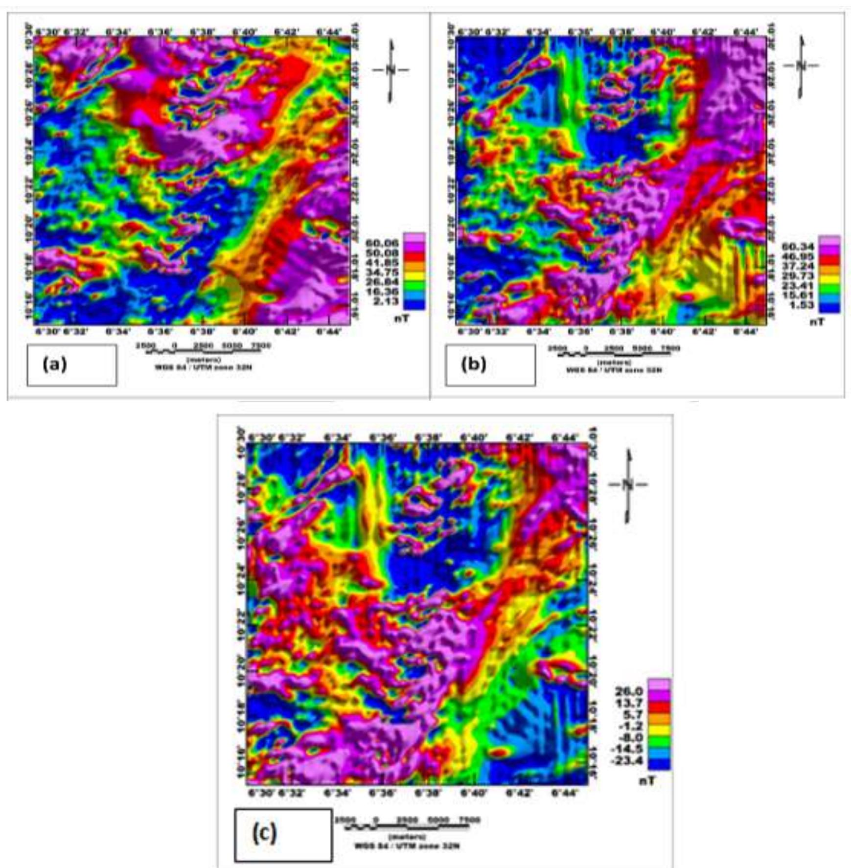 (a) shaded colour tmi map; (b) shaded colour rtp map and (c)