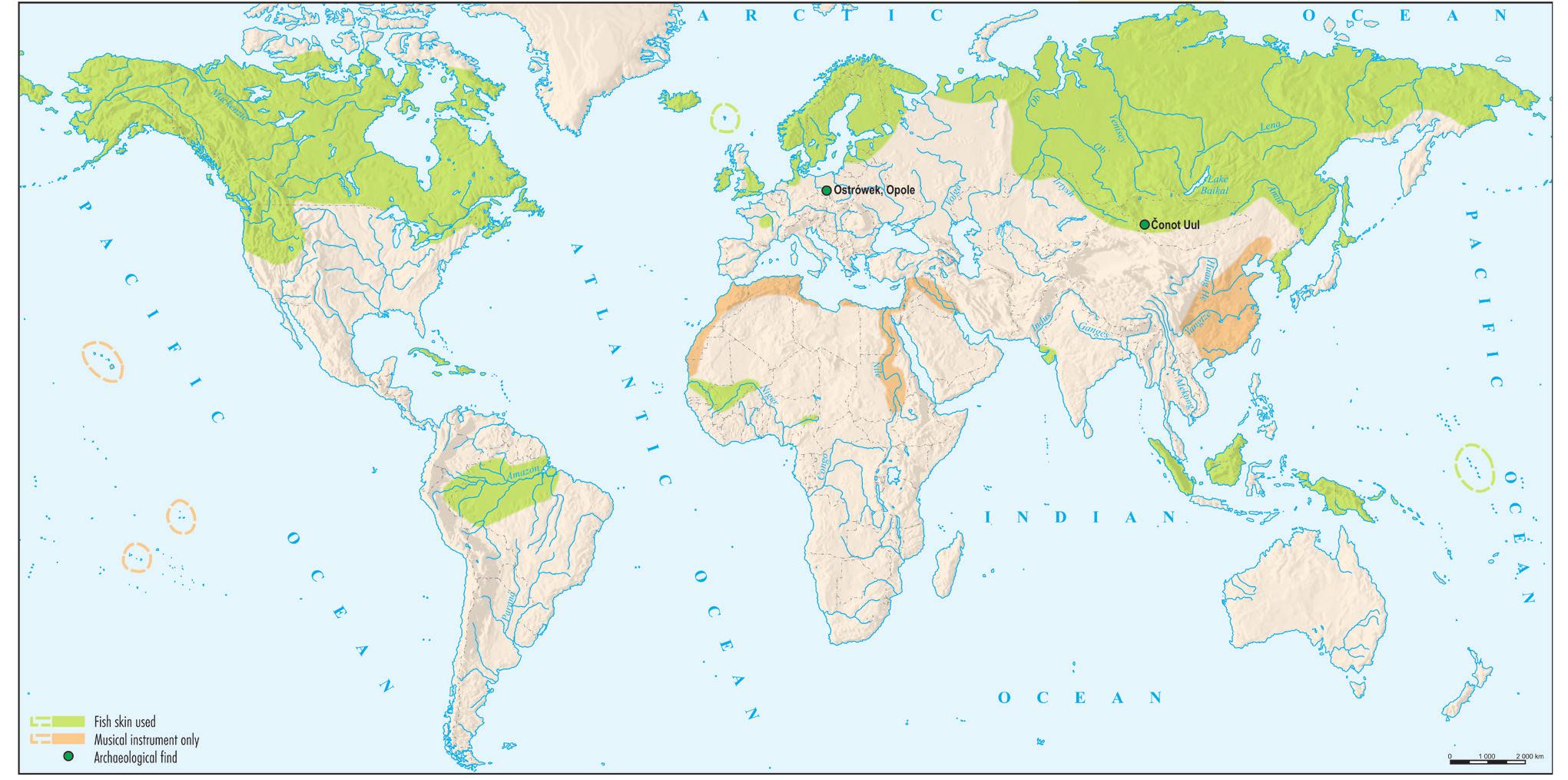 Overview map of documented fish skin use in the past.