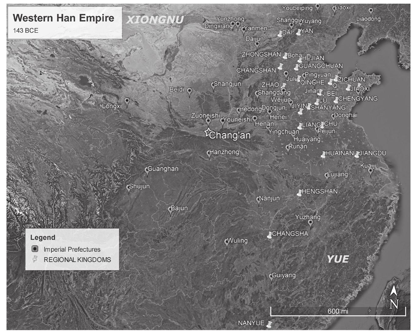 Map 2 western han prefectures and kingdoms, 143 sce. map