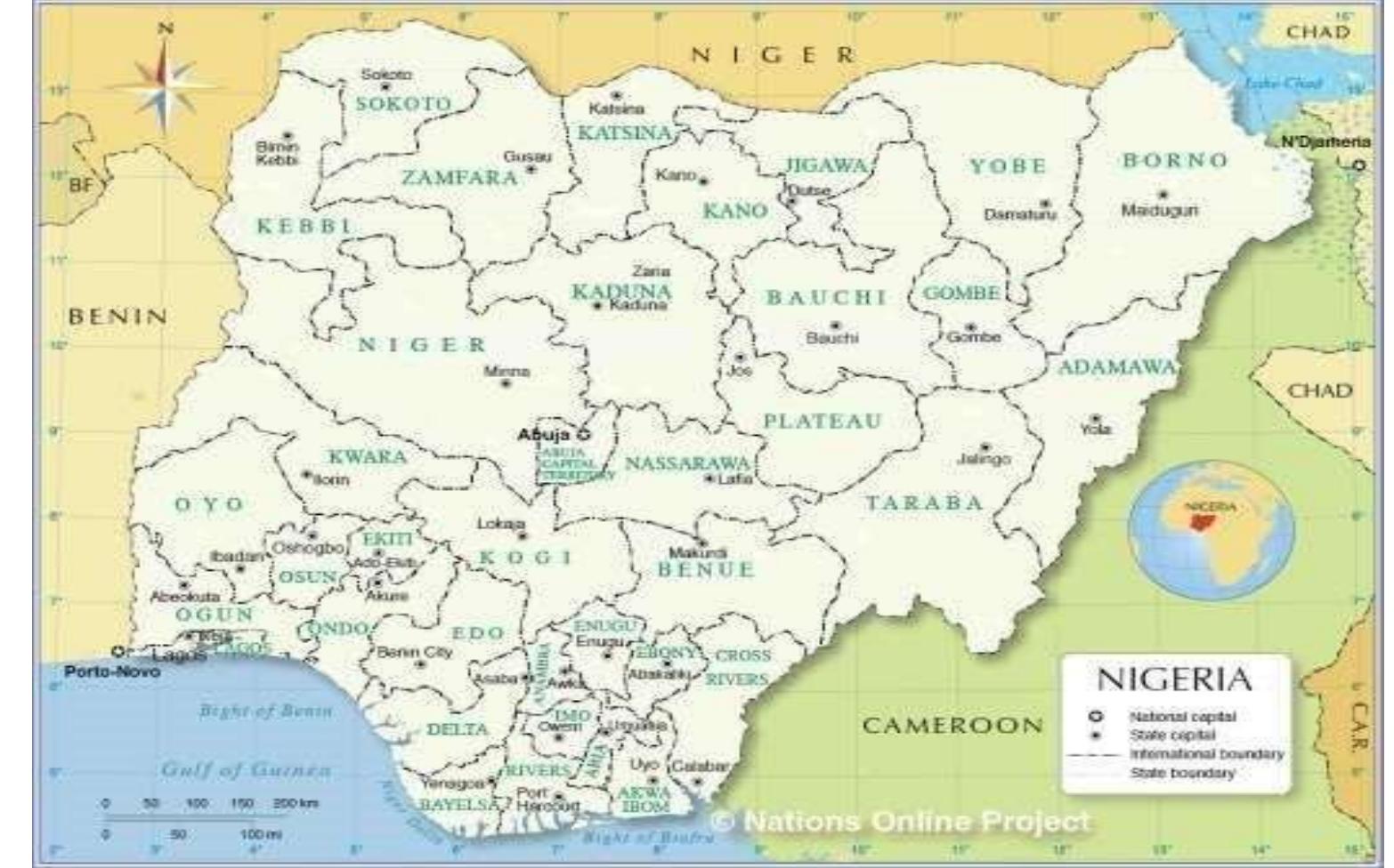 Map of nigeria showing 36 states of the country, yobe state