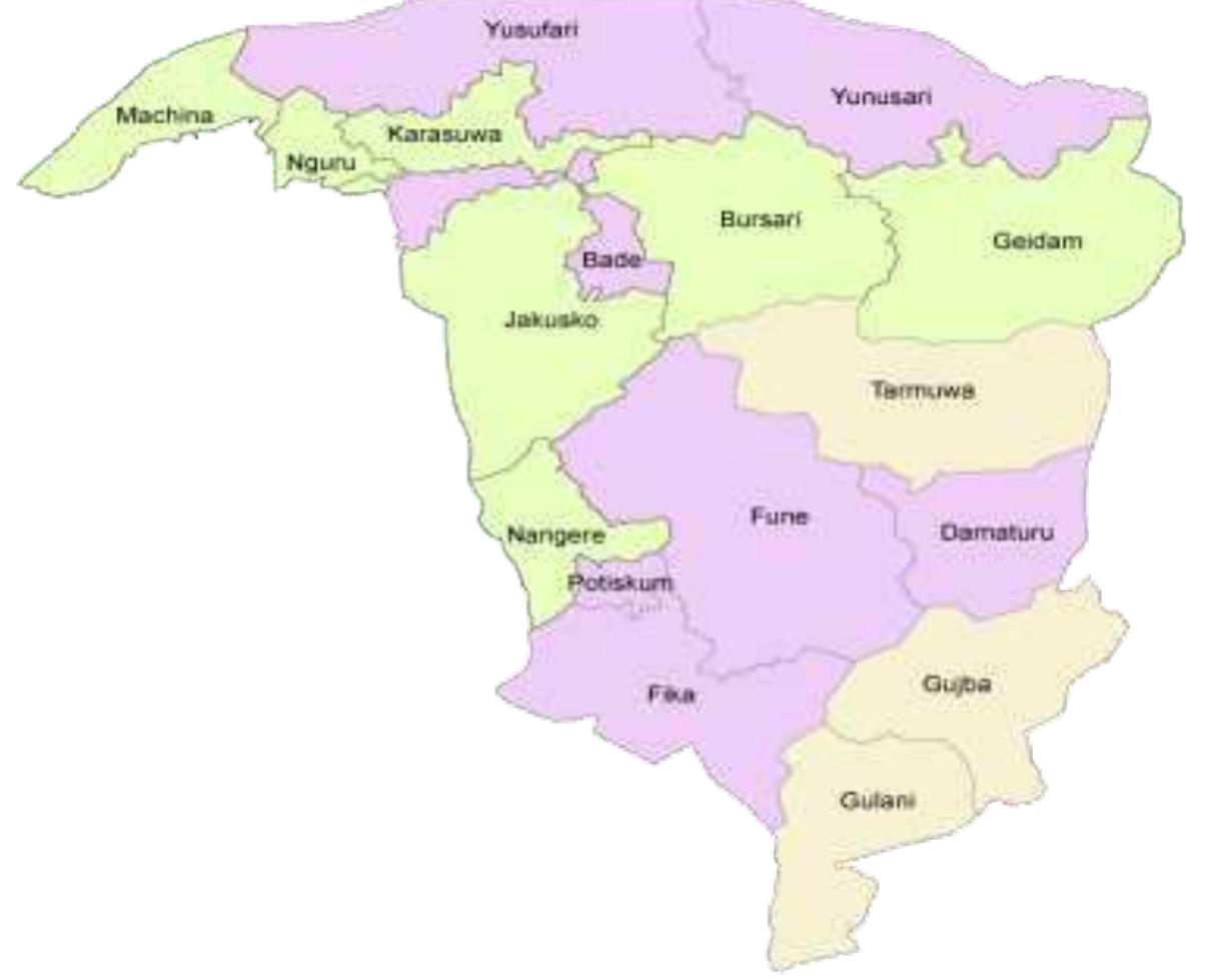 Map of yobe, showing its 17 local government areas